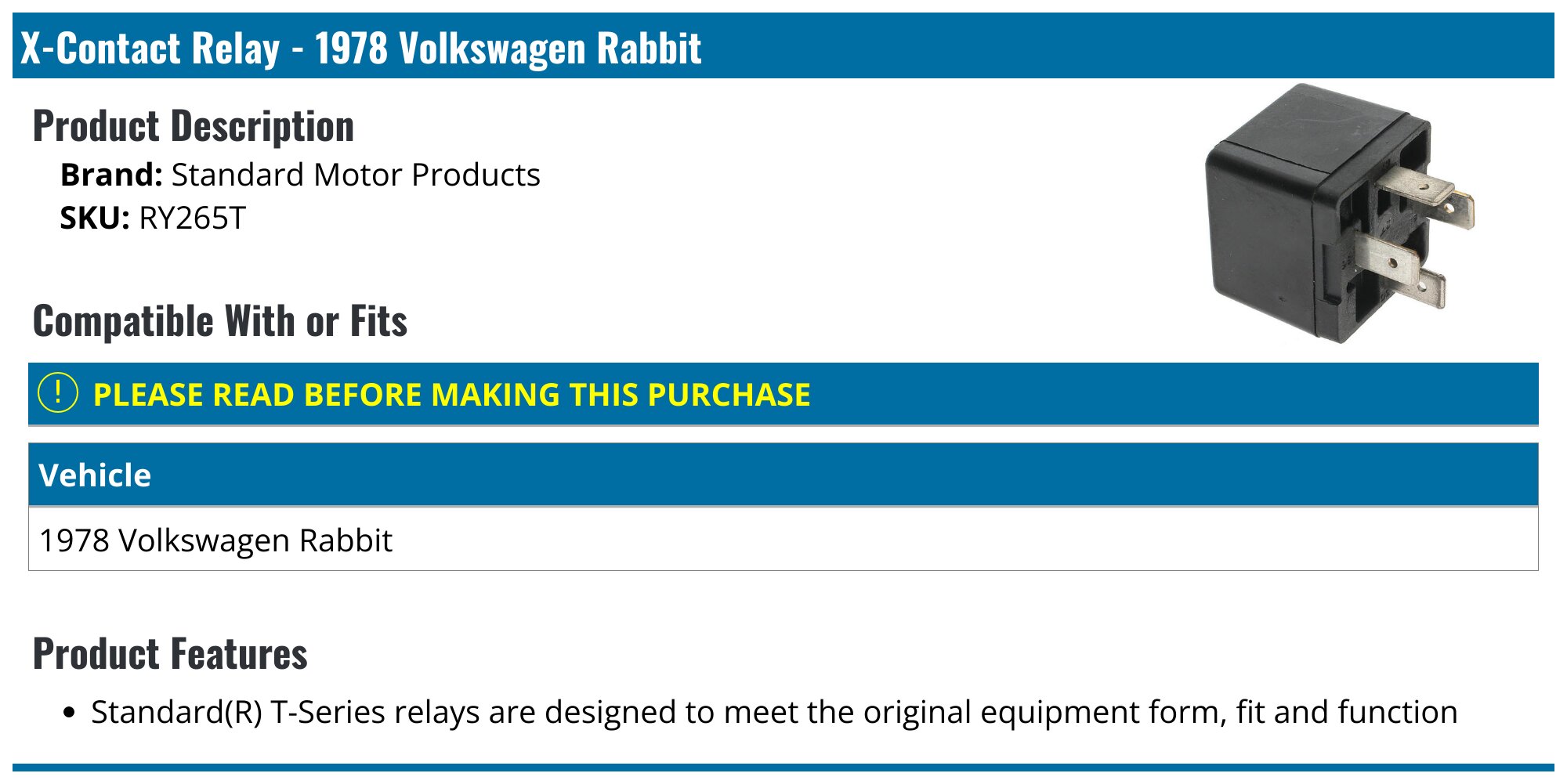 1978 Volkswagen Rabbit X-Contact Relay - Standard Motor Products RY265T ...