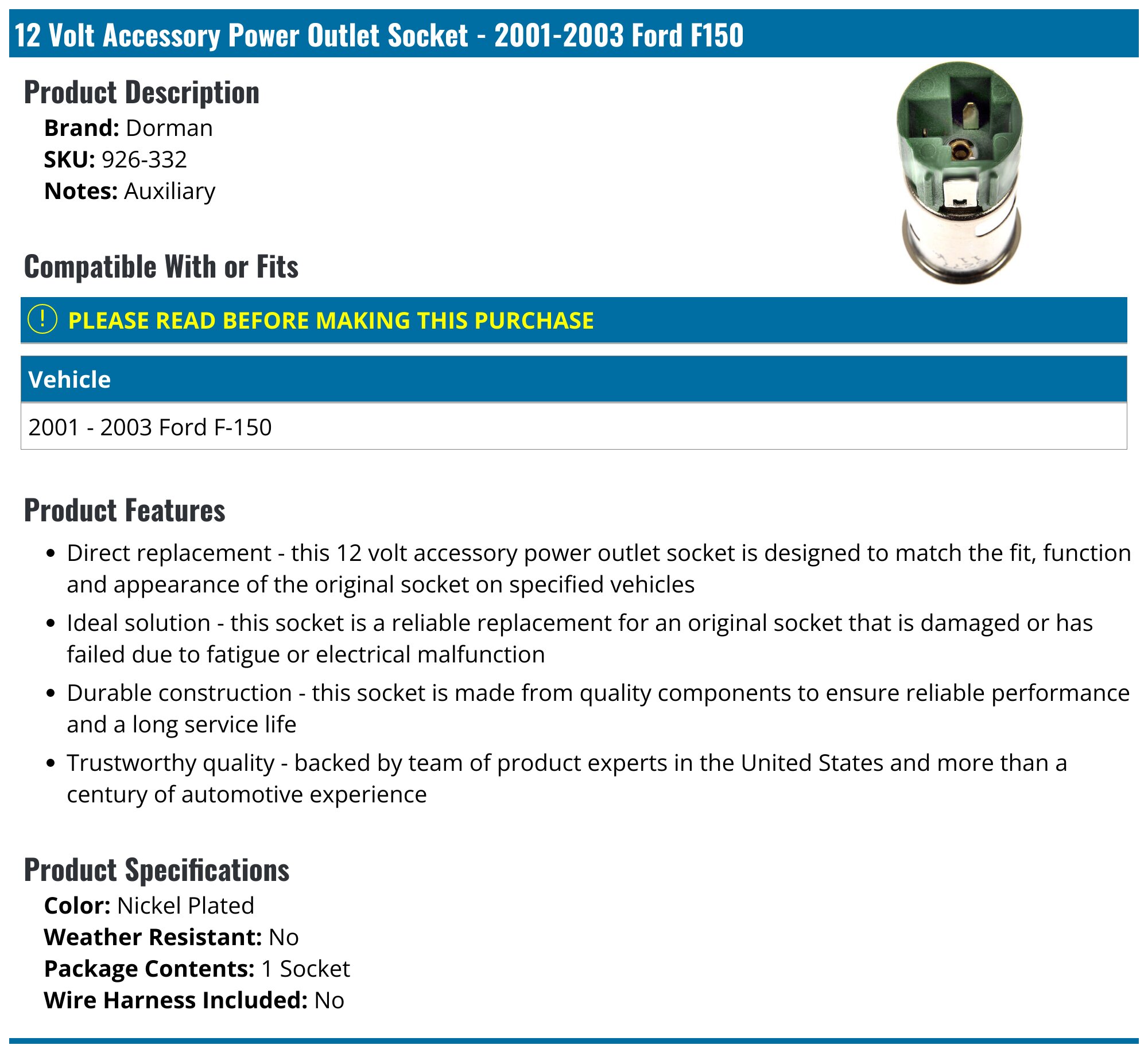2001-2003 Ford F150 12 Volt Accessory Power Outlet Socket - Dorman 926 ...