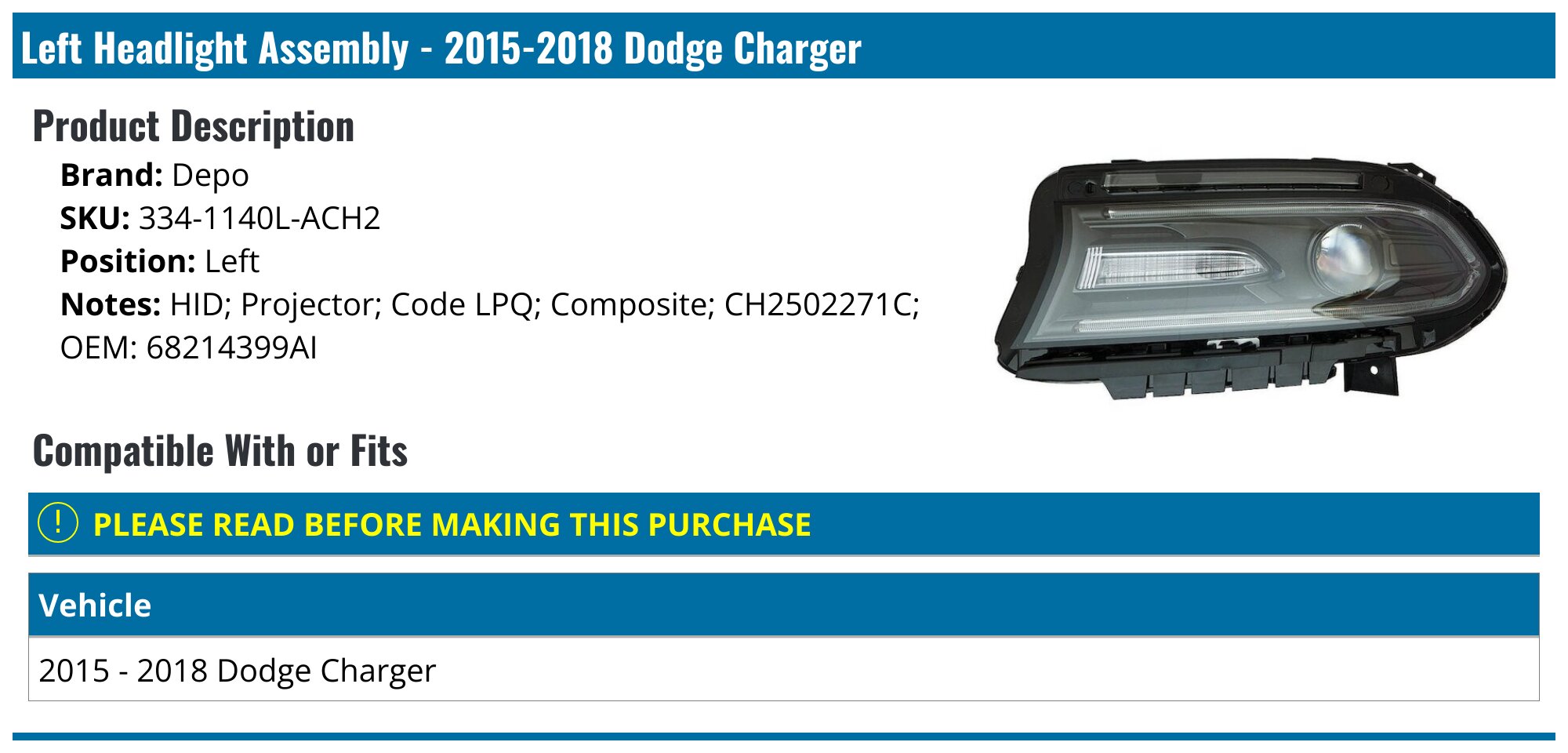 2015-2018 Dodge Charger Headlight Assembly - Depo 334-1140L-ACH2 - Left ...