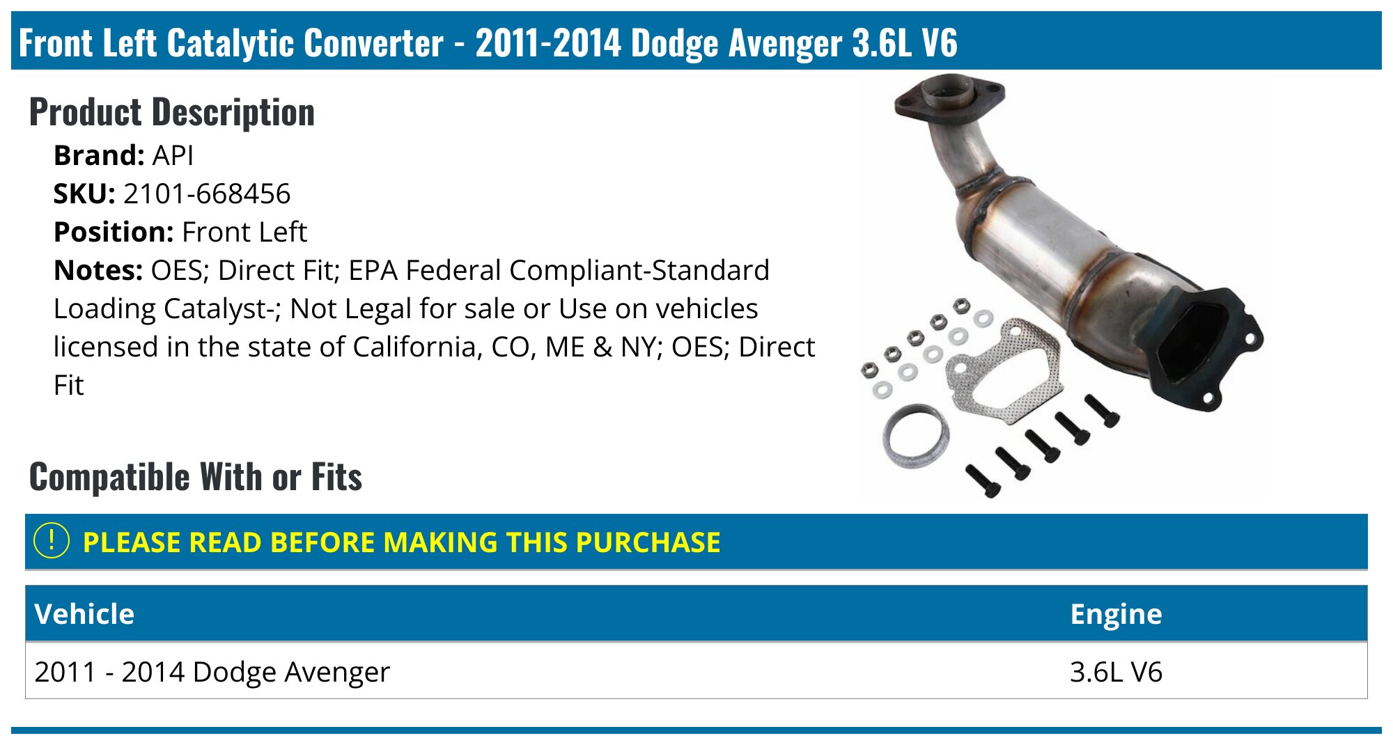 2011-2014 Dodge Avenger Catalytic Converter - API 97142-02428678 ...