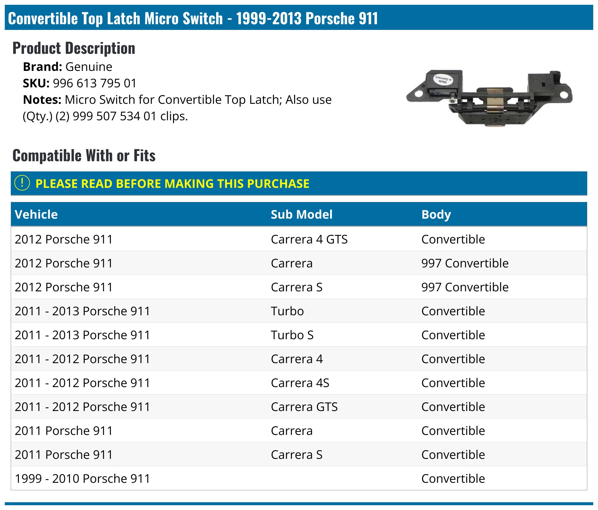 1999-2013 Porsche 911 Convertible Top Latch Micro Switch - Genuine 996 ...