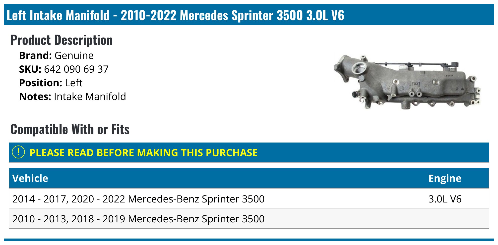 2010-2022 Mercedes Sprinter 3500 Intake Manifold - Genuine 642 090 69 ...