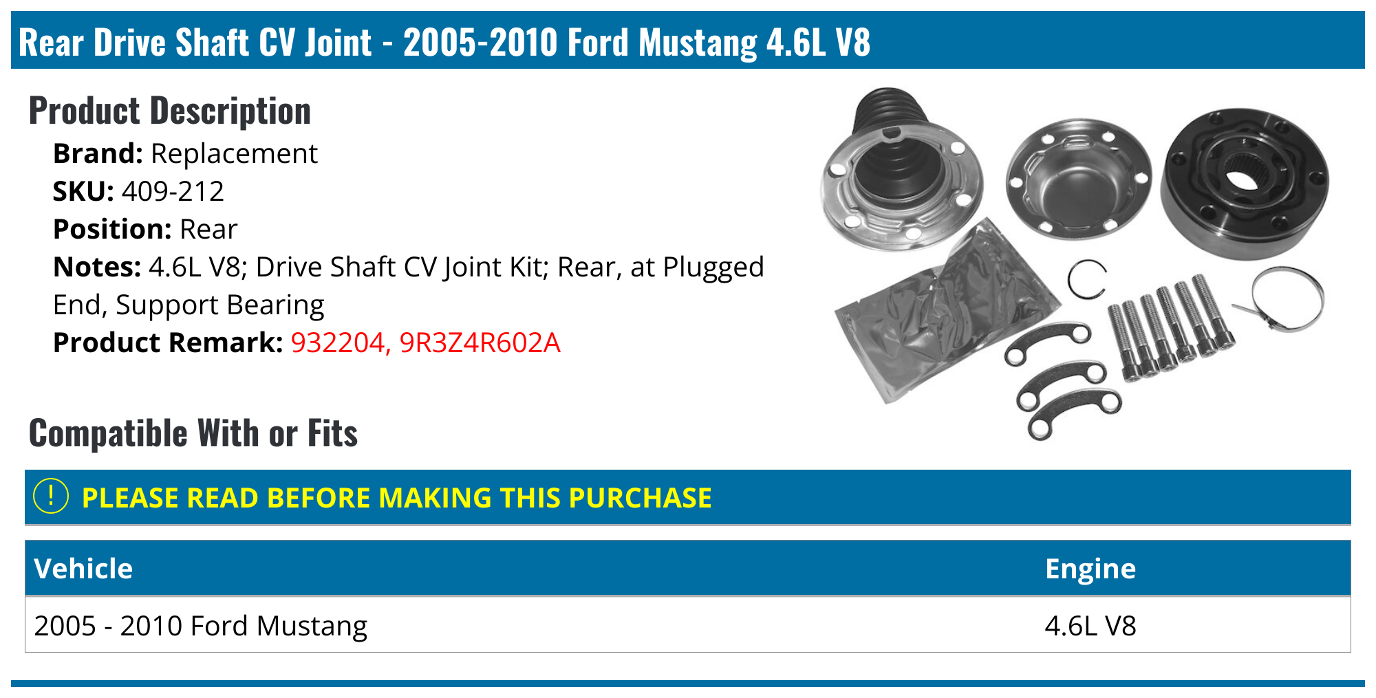 2005-2010 Ford Mustang Drive Shaft CV Joint - Replacement 409-212 ...