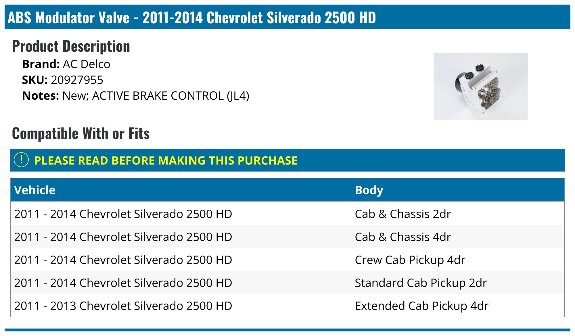 2011-2014 Chevrolet Silverado 2500 HD ABS Modulator Valve - AC Delco ...