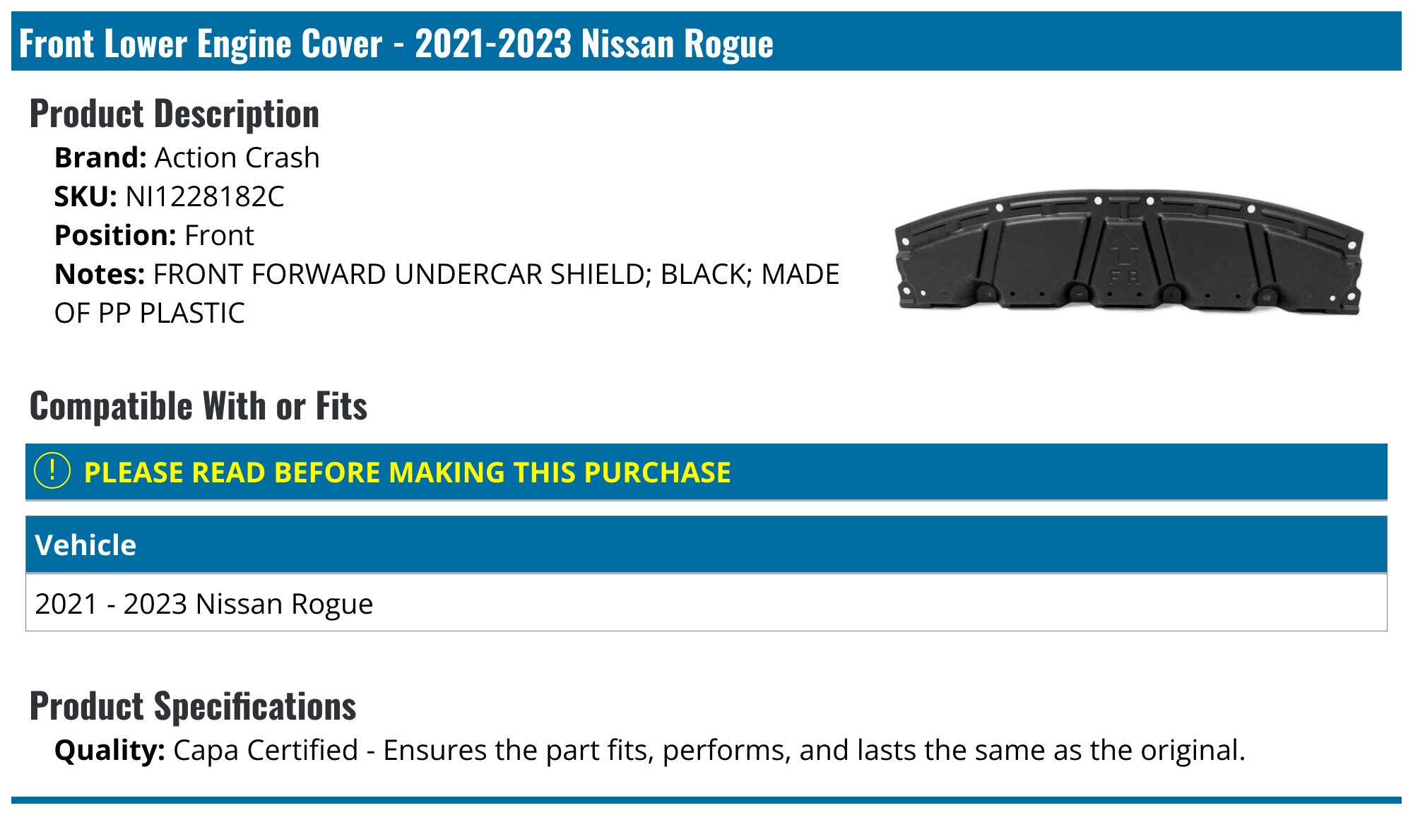Nissan Rogue Skid Plate - Engine Cover - Action Crash Autopart Premium ...