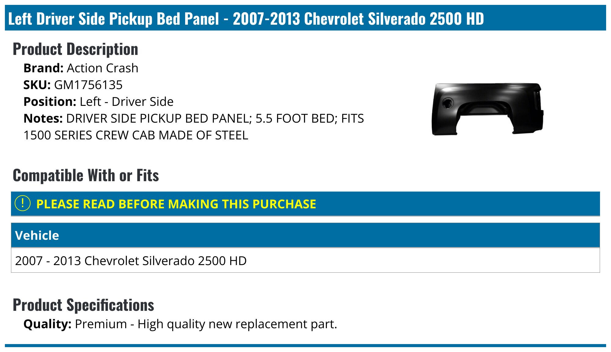 2007-2013 Chevrolet Silverado 2500 HD Pickup Bed Panel - Action Crash ...