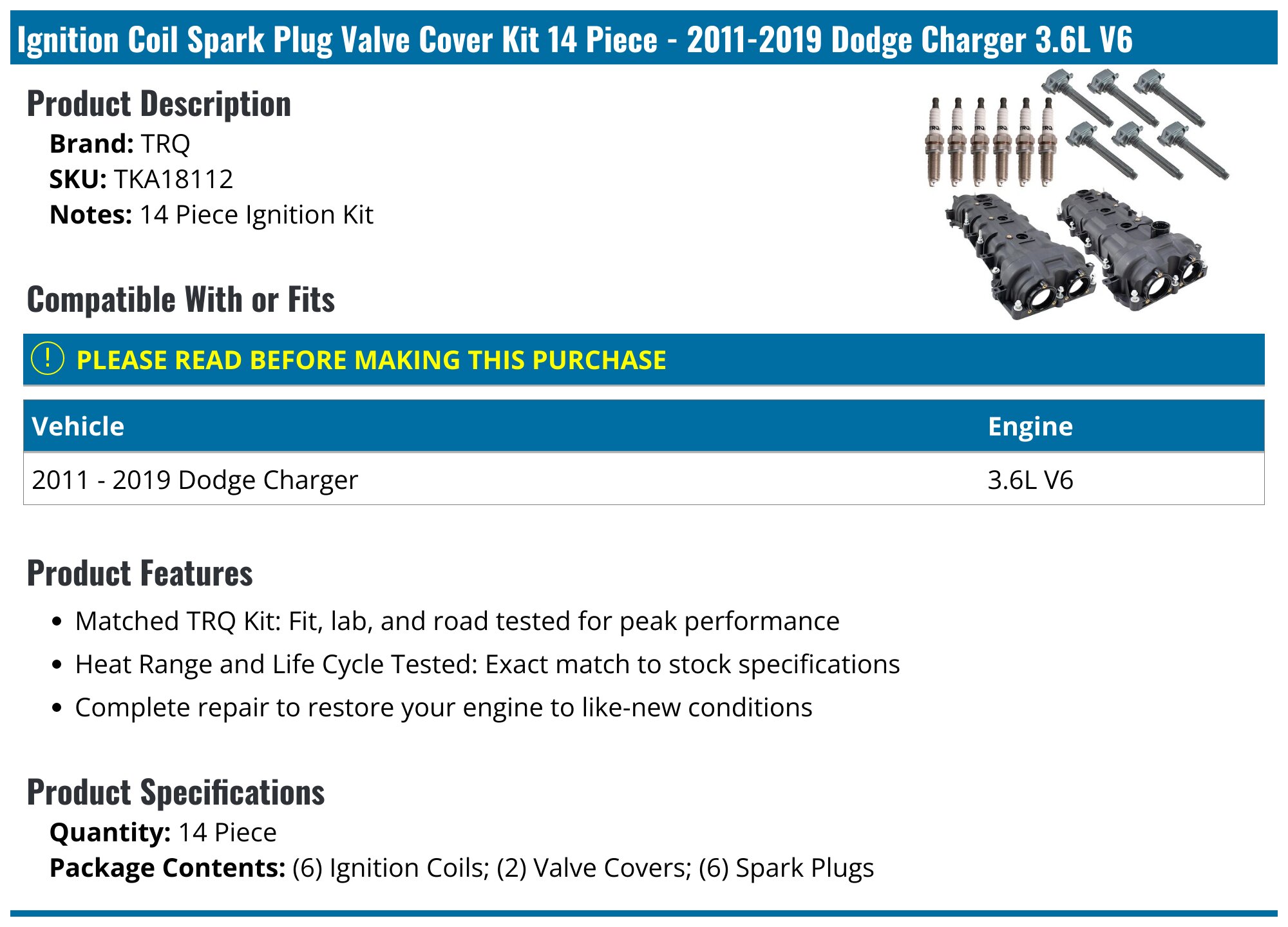 2011-2021 Dodge Charger Valve Cover - TRQ TKA18112 - PartsGeek.com