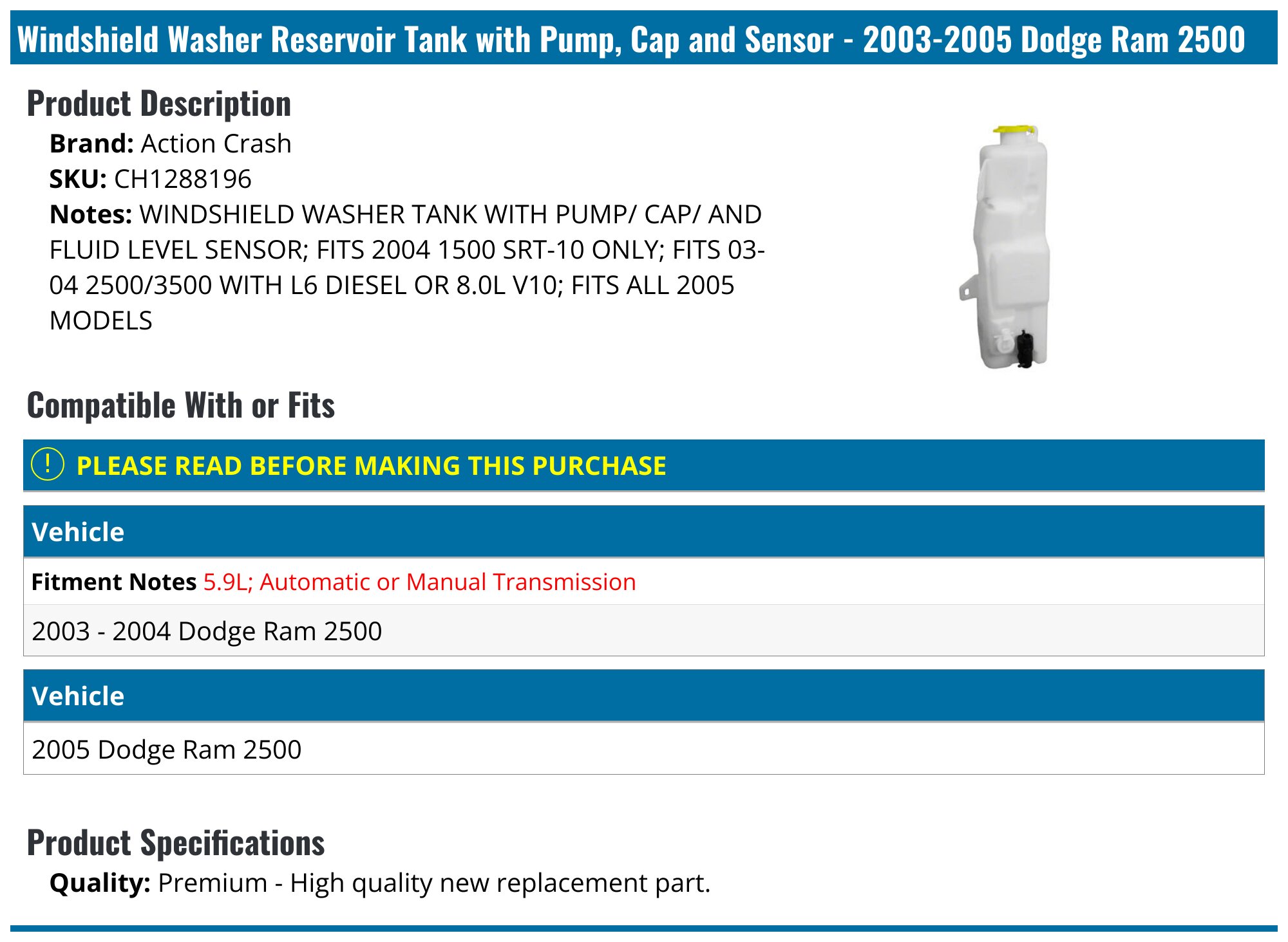 Windshield Washer Fluid Reservoir Replacement | PartsGeek