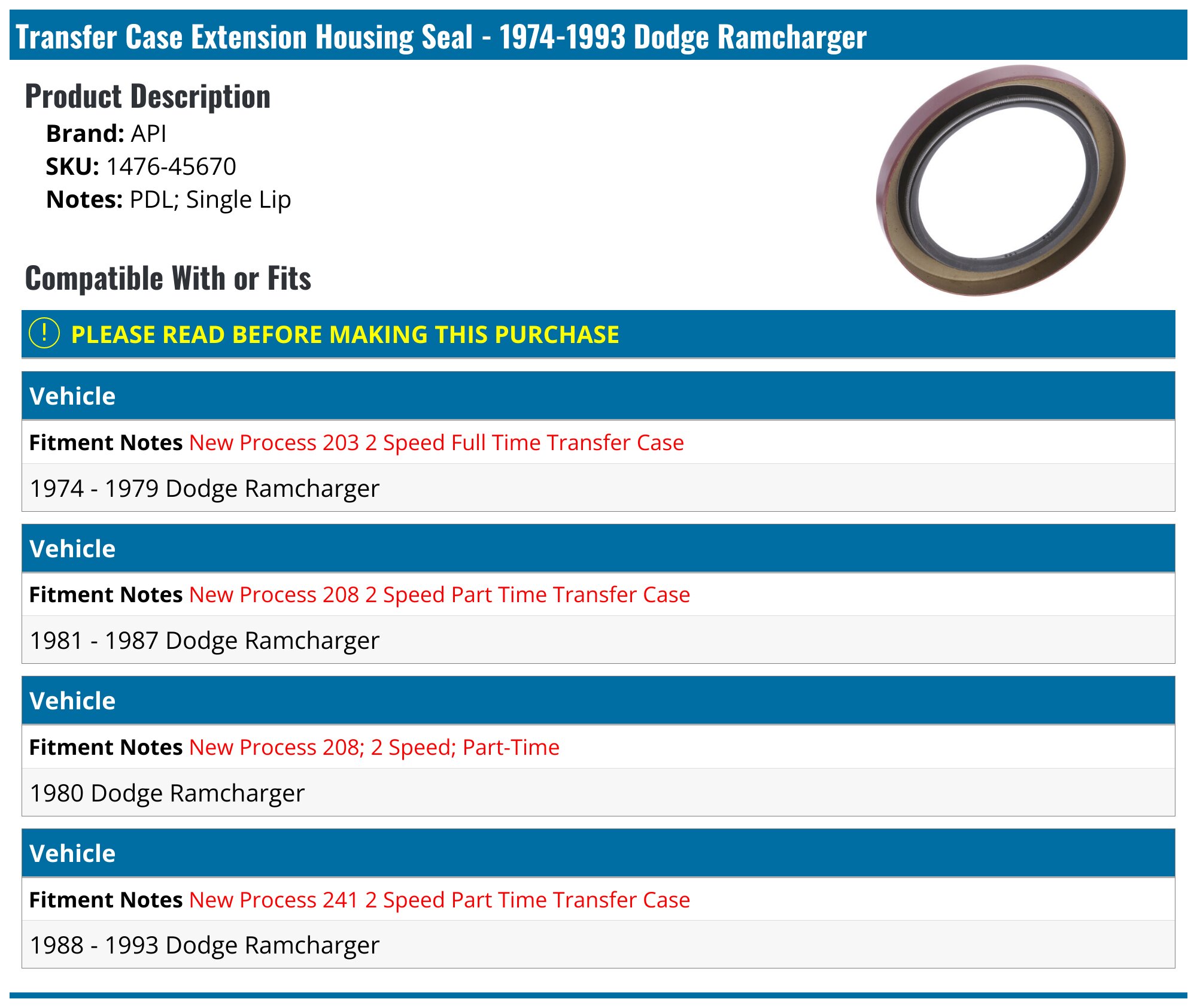 1974-1993 Dodge Ramcharger Transfer Case Extension Housing Seal - API ...