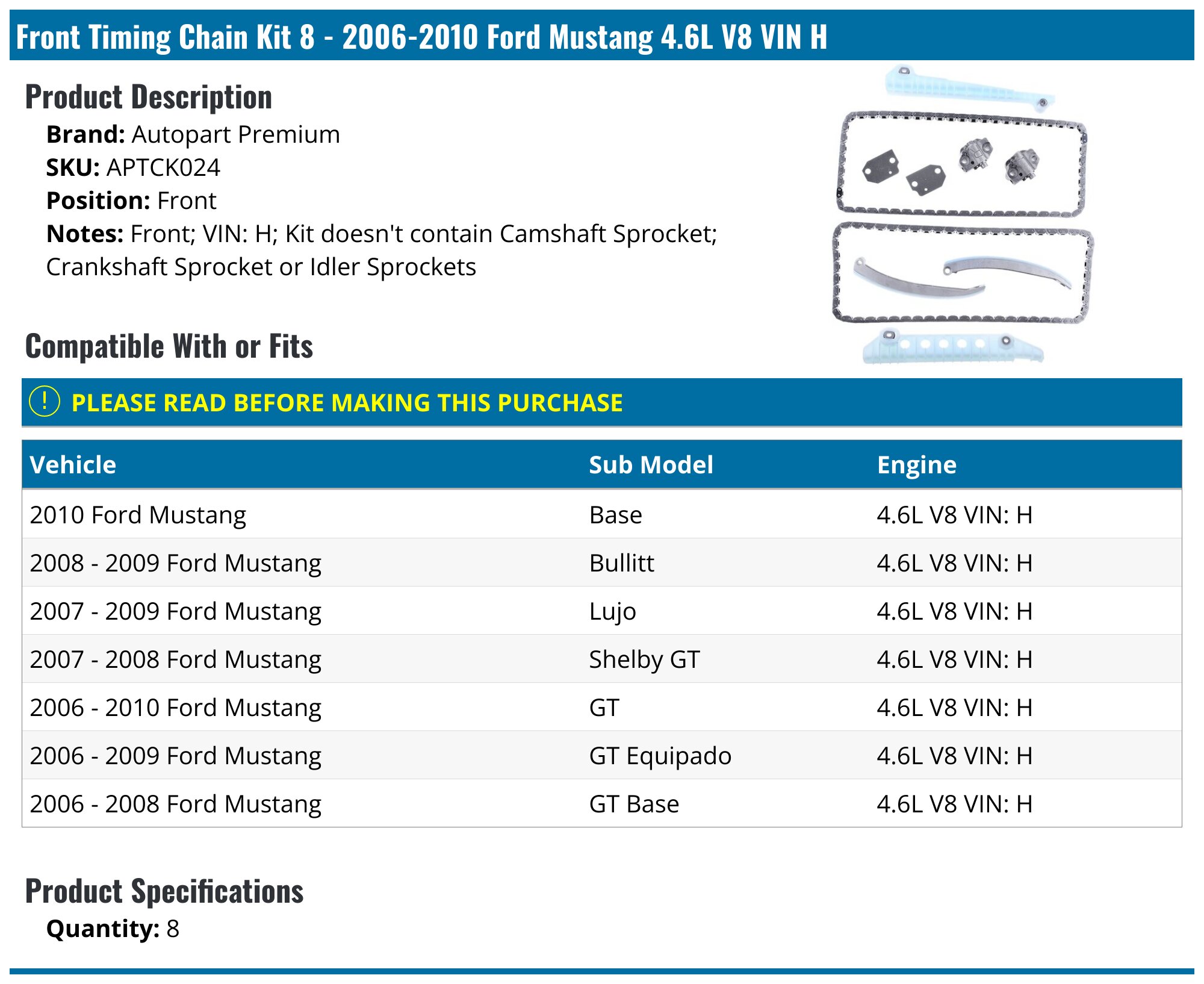 2006-2010 Ford Mustang Timing Chain - Autopart Premium APTCK024 - Front ...