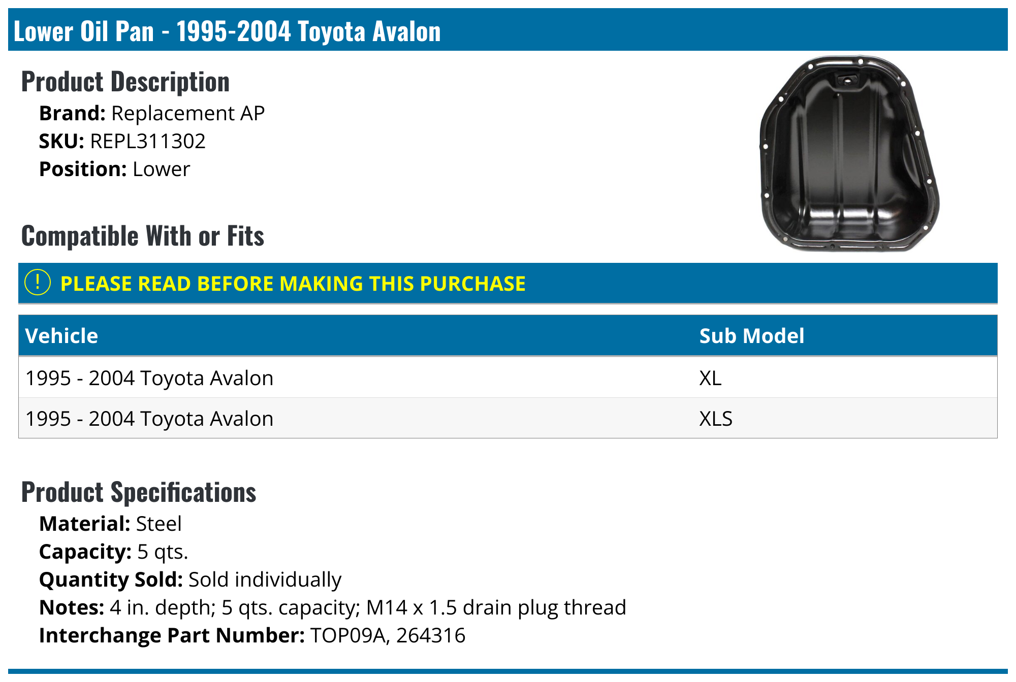 1995-2004 Toyota Avalon Oil Pan - Replacement AP REPL311302 - Lower ...
