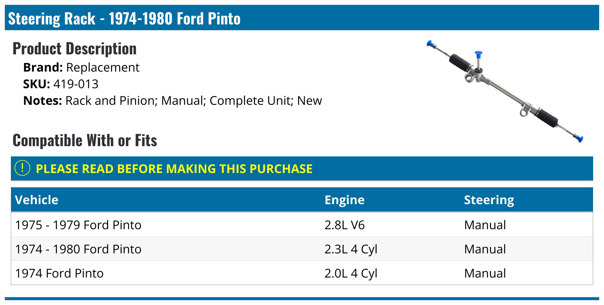 1974-1980 Ford Pinto Steering Rack - Replacement 419-013 - - PartsGeek.com