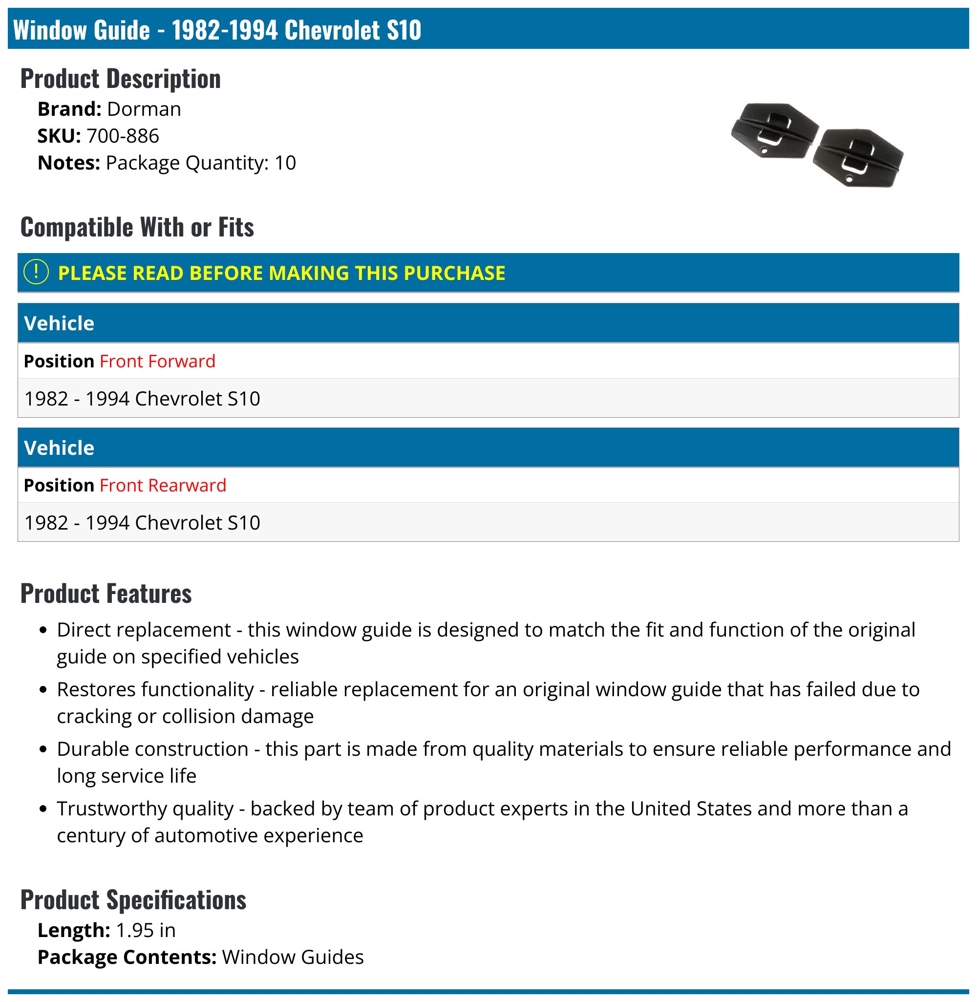 1982-1994 Chevrolet S10 Window Guide - Dorman 700-886 - Front Rearward ...