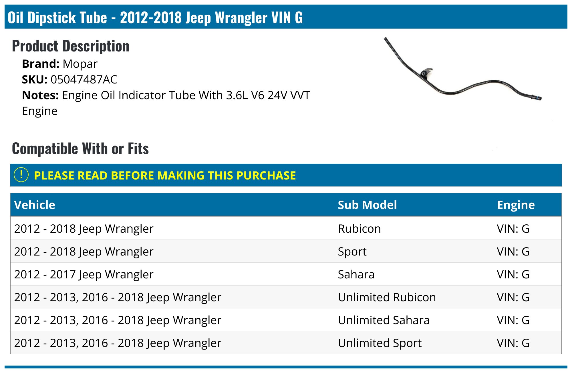 2012-2018 Jeep Wrangler Oil Dipstick Tube - Mopar 05047487AC ...