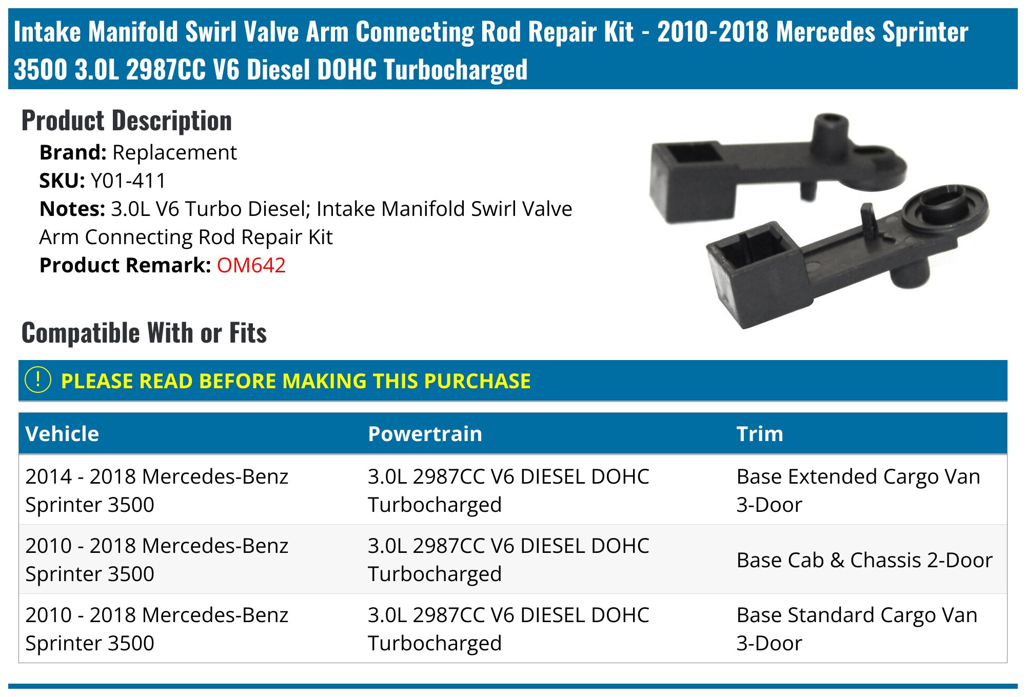 2010-2018 Mercedes Sprinter 3500 Intake Manifold Swirl Valve Arm ...