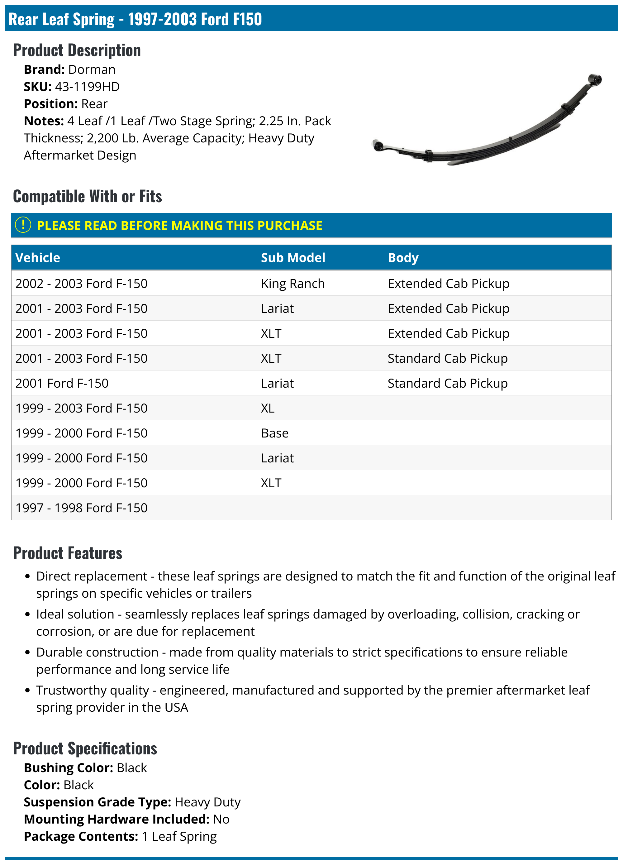 1997-2003 Ford F150 Leaf Spring - Dorman 43-1199HD - Rear - PartsGeek.com