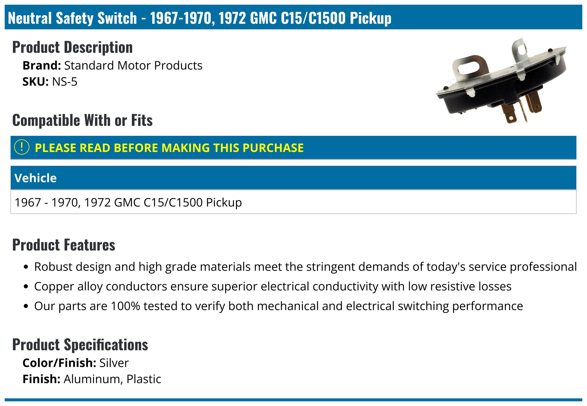 1967-1970, 1972 GMC C15/C1500 Pickup Neutral Safety Switch - Standard ...