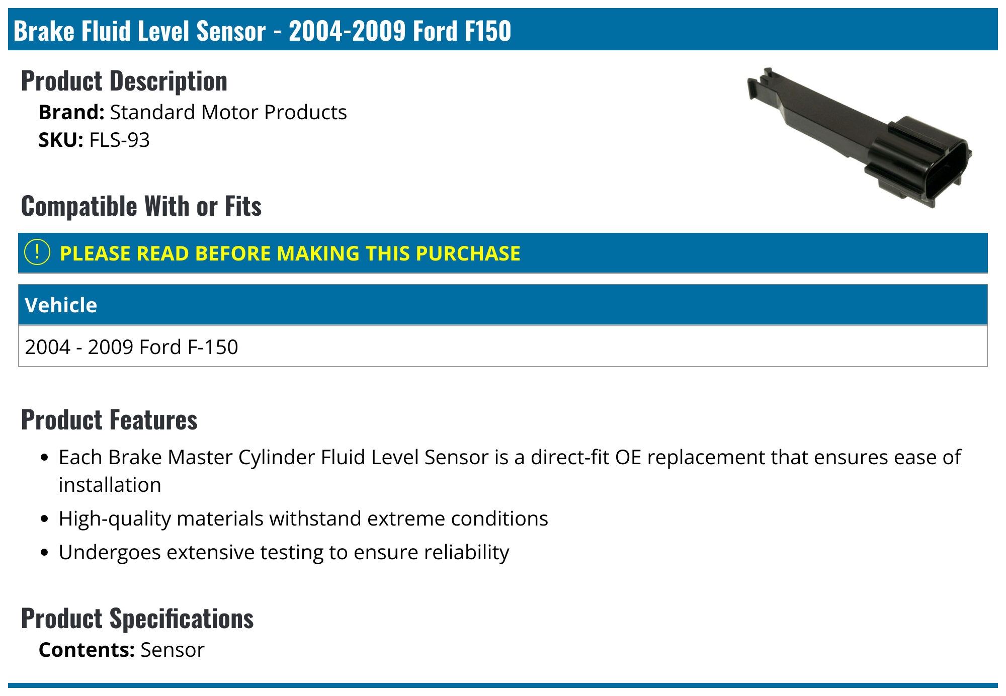 2004-2009 Ford F150 Brake Fluid Level Sensor - Standard Motor Products ...