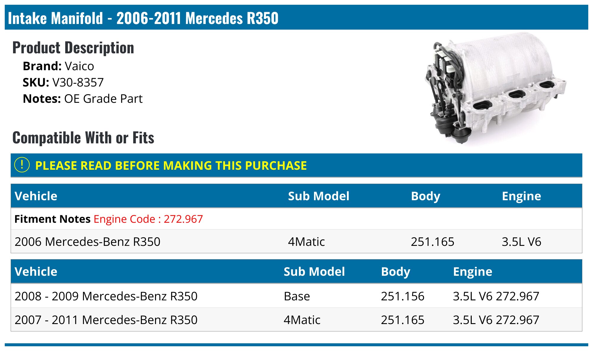 2006-2011 Mercedes R350 Intake Manifold - Vaico V30-8357 - PartsGeek.com