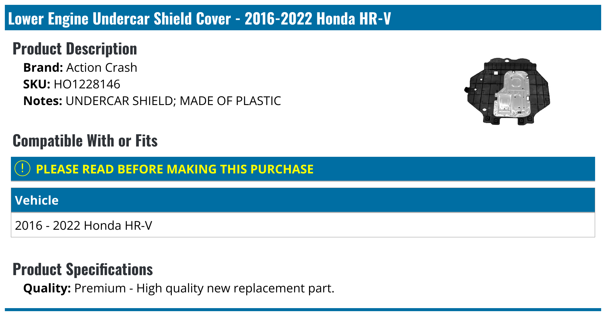 2016-2022 Honda HR-V Lower Engine Cover - Action Crash HO1228146 ...