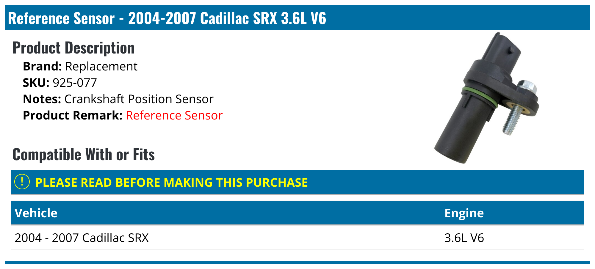 2004-2007 Cadillac SRX Crank Position Sensor - Replacement 925-077 ...