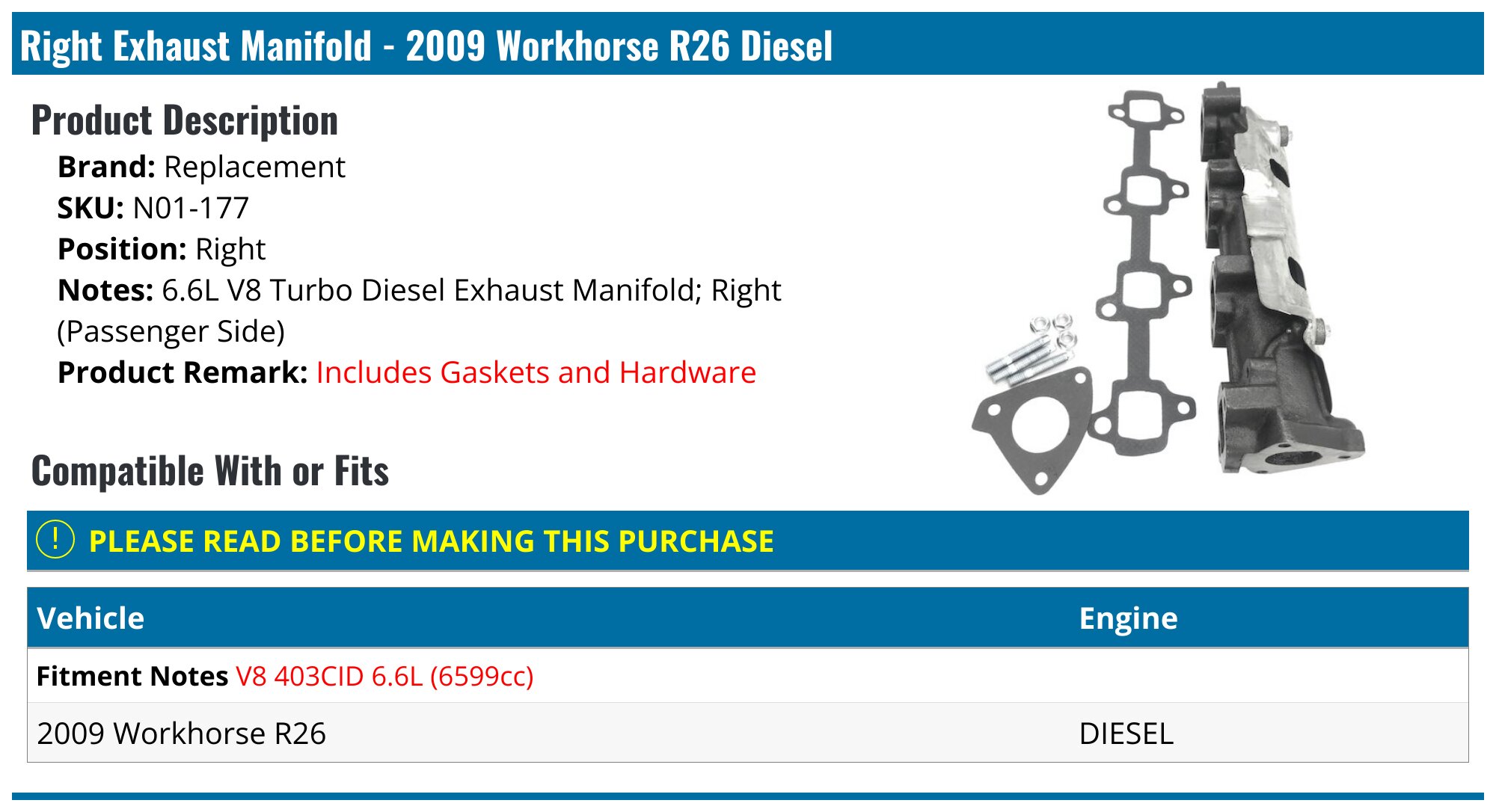 2009 Workhorse R26 Exhaust Manifold - Replacement N01-177 - Right ...