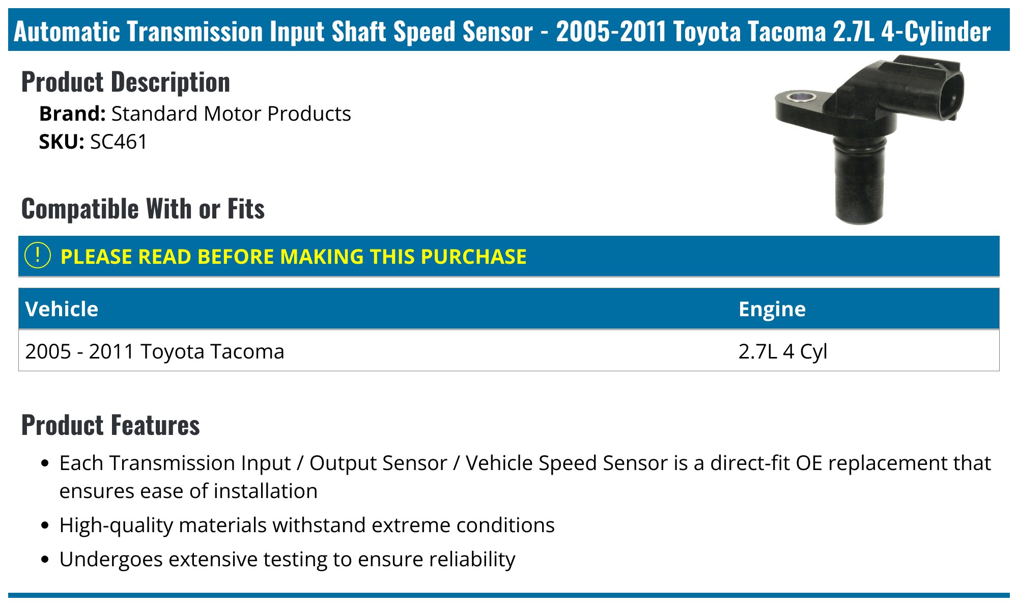 2005-2011 Toyota Tacoma Automatic Transmission Input Shaft Speed Sensor ...