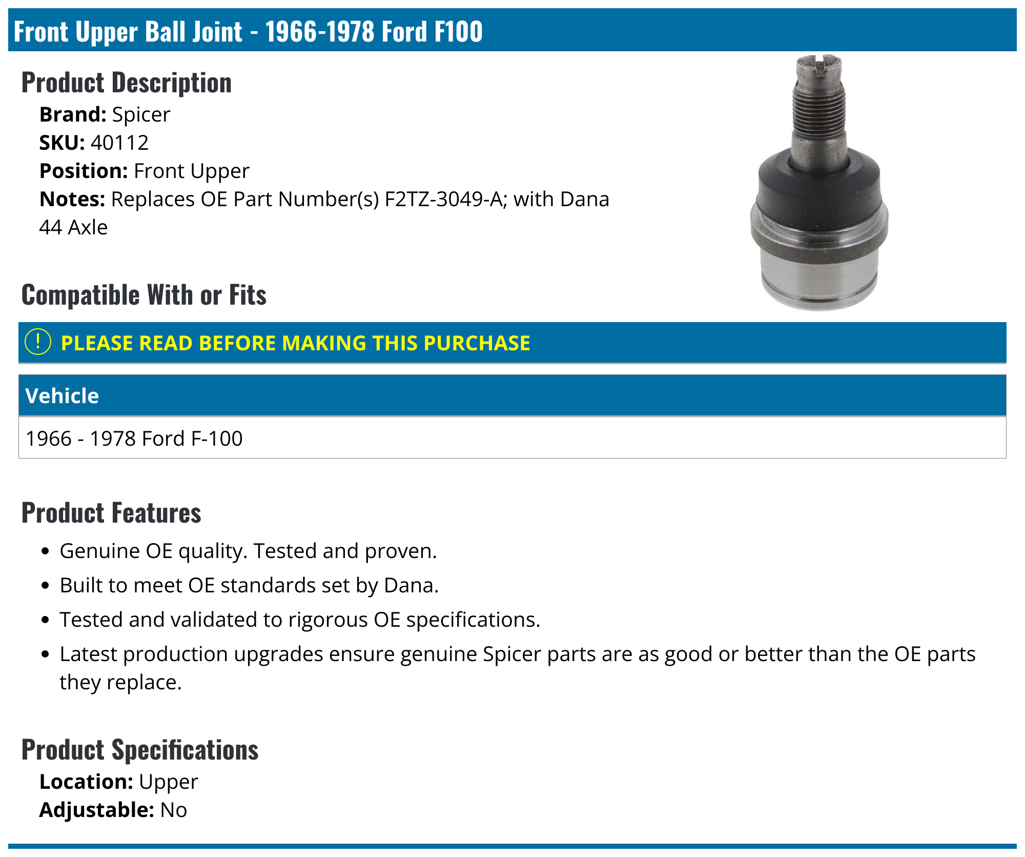 1966-1978 Ford F100 Ball Joint - Spicer 40112 - Front Upper - PartsGeek.com