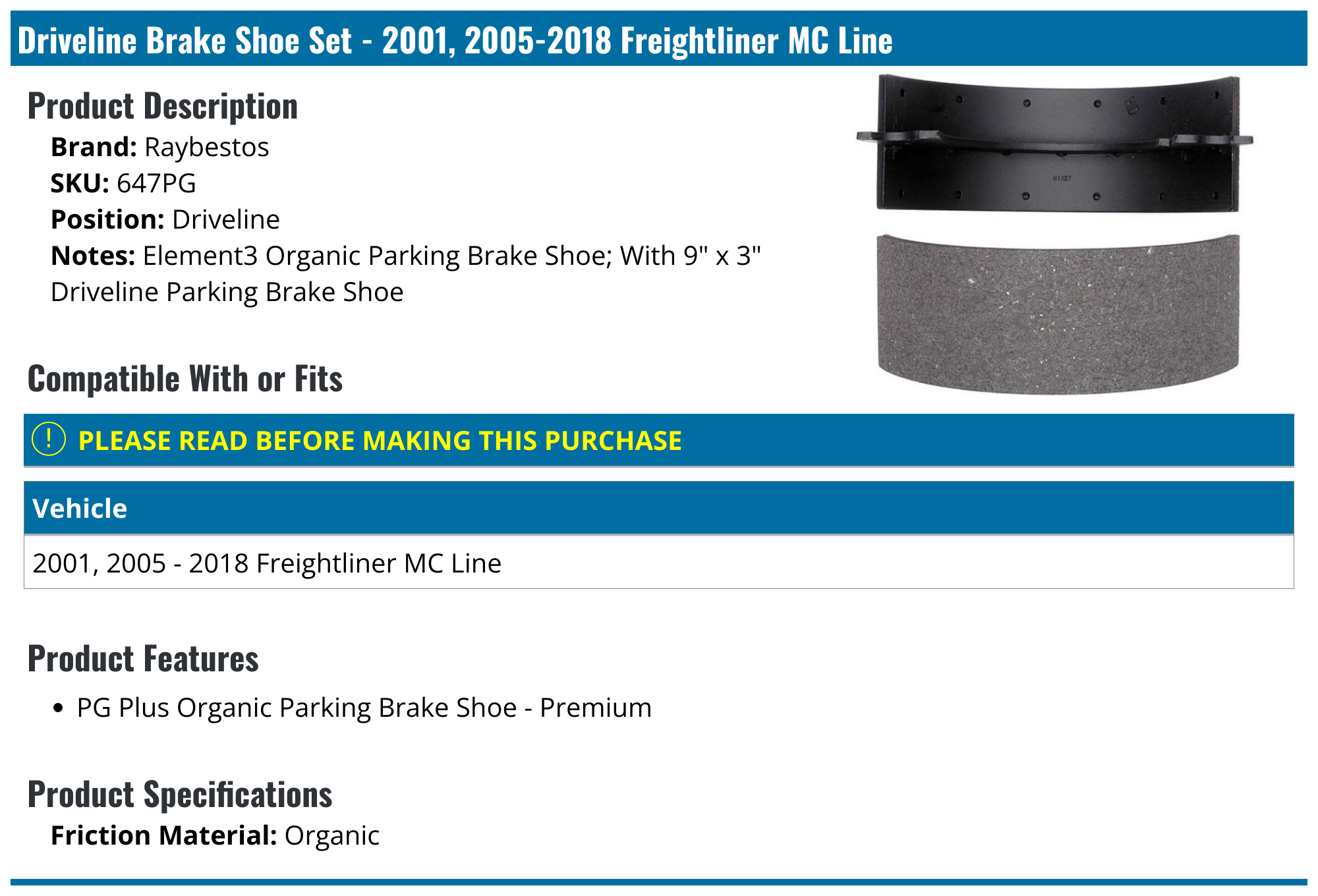 2001, 2005-2018 Freightliner MC Line Brake Shoe Set - Raybestos 647PG ...