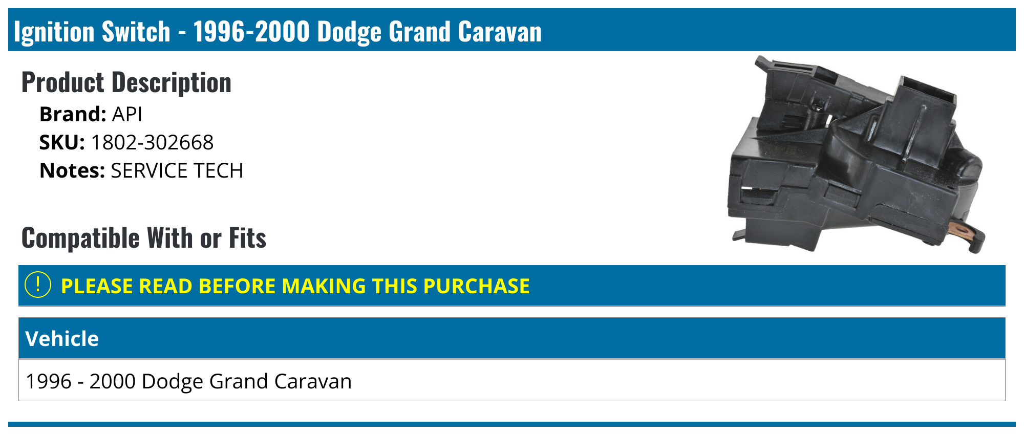 1996-2000 Dodge Grand Caravan Ignition Switch - API 1886-07664615 ...