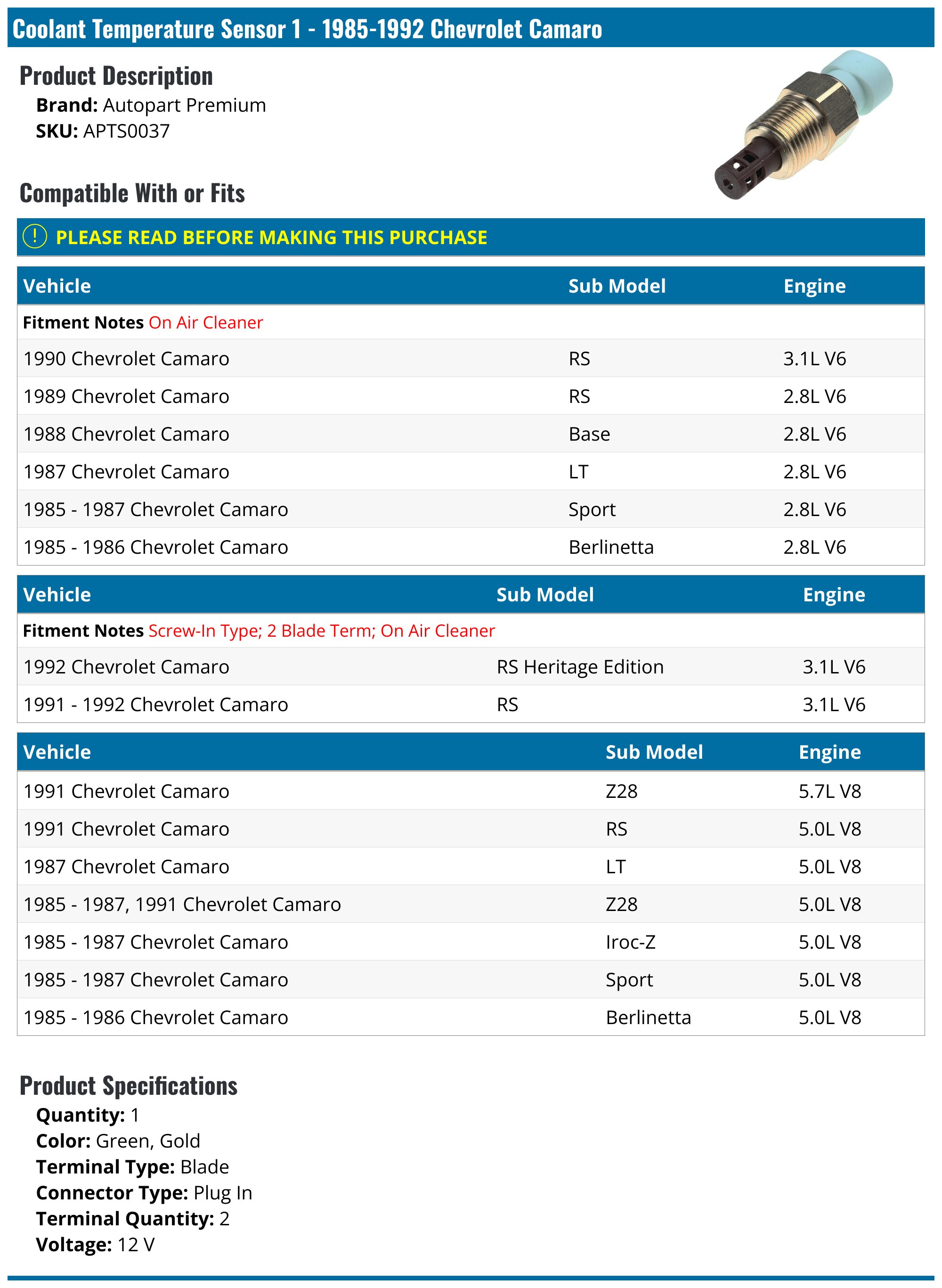 1985-1992 Chevrolet Camaro Engine Coolant Temperature Sensor - Autopart ...
