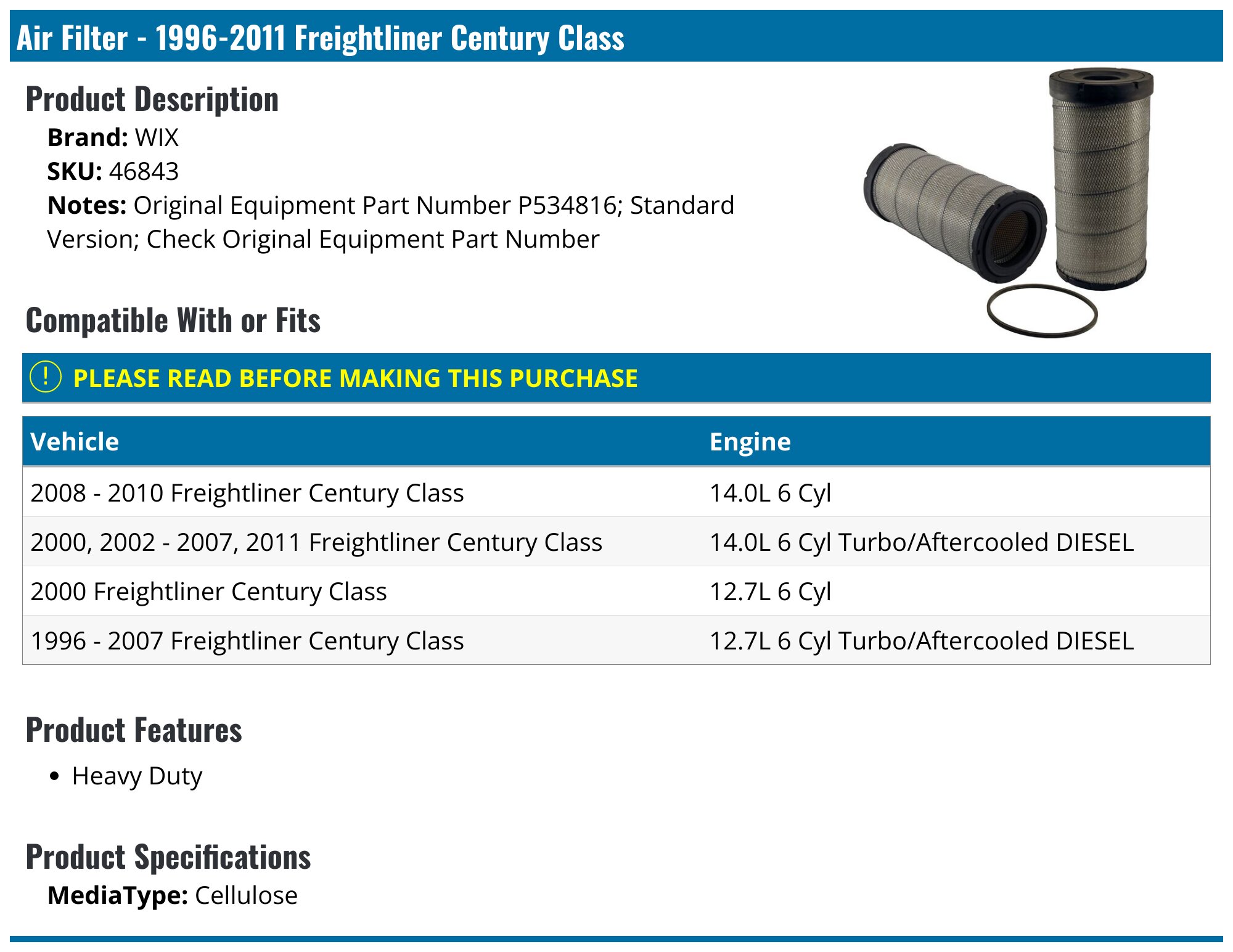 1996-2011 Freightliner Century Class Air Filter - WIX 46843 - PartsGeek.com