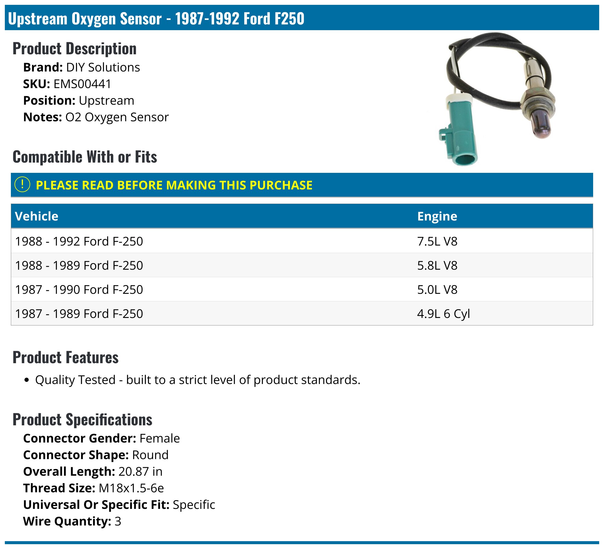 1987-1992 Ford F250 Oxygen Sensor - DIY Solutions EMS00441 - Upstream ...