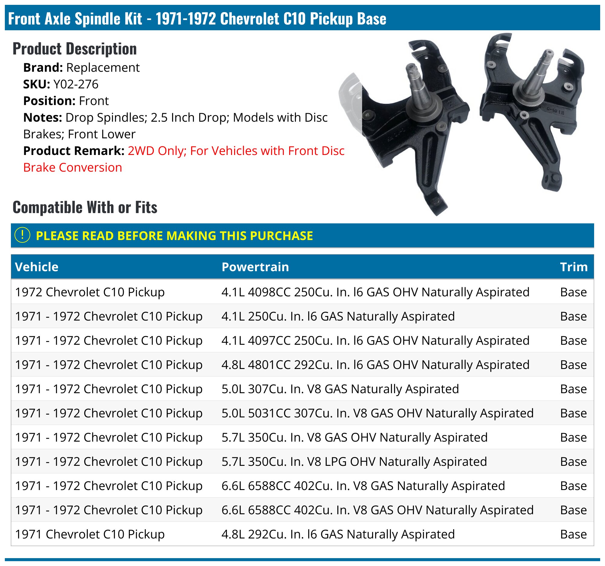 1971-1972 Chevrolet C10 Pickup Axle Spindle - Replacement Y02-276 ...