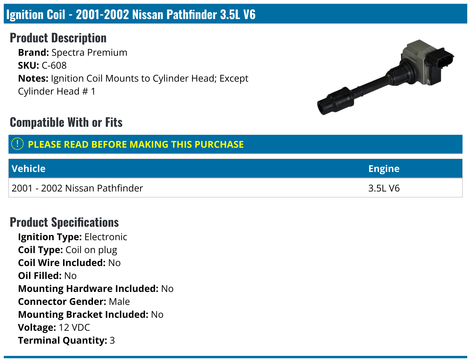 2001-2002 Nissan Pathfinder Ignition Coil - Spectra Premium C-608 ...