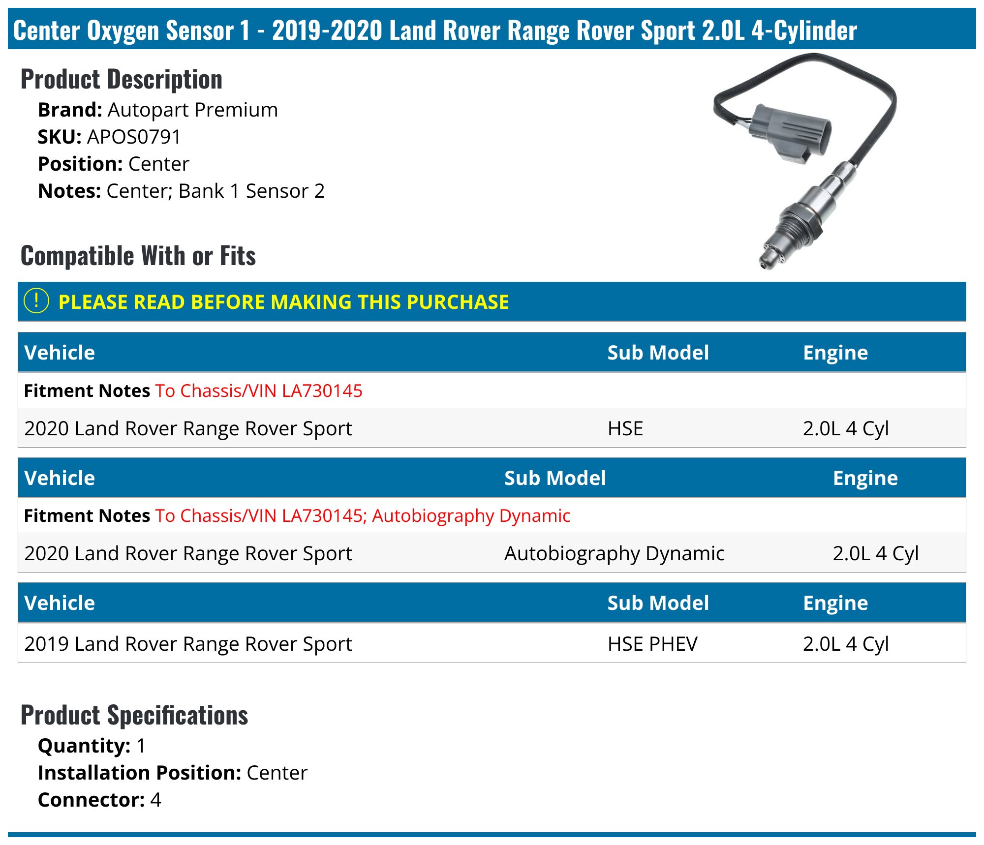 2019-2020 Land Rover Range Rover Sport Oxygen Sensor - Autopart Premium ...