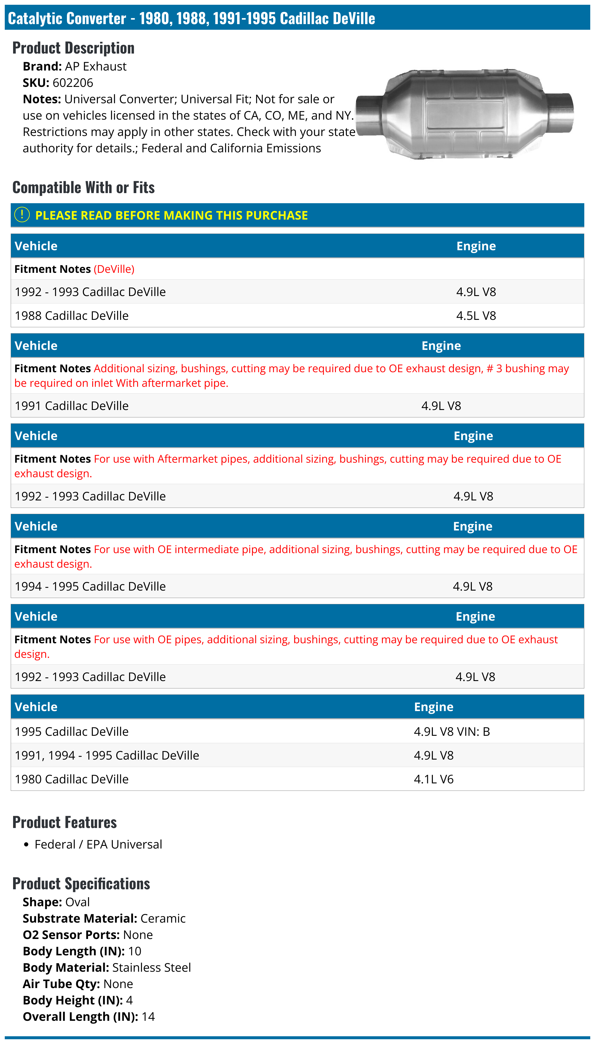 1980, 1988, 1991-1995 Cadillac DeVille Catalytic Converter - AP Exhaust ...