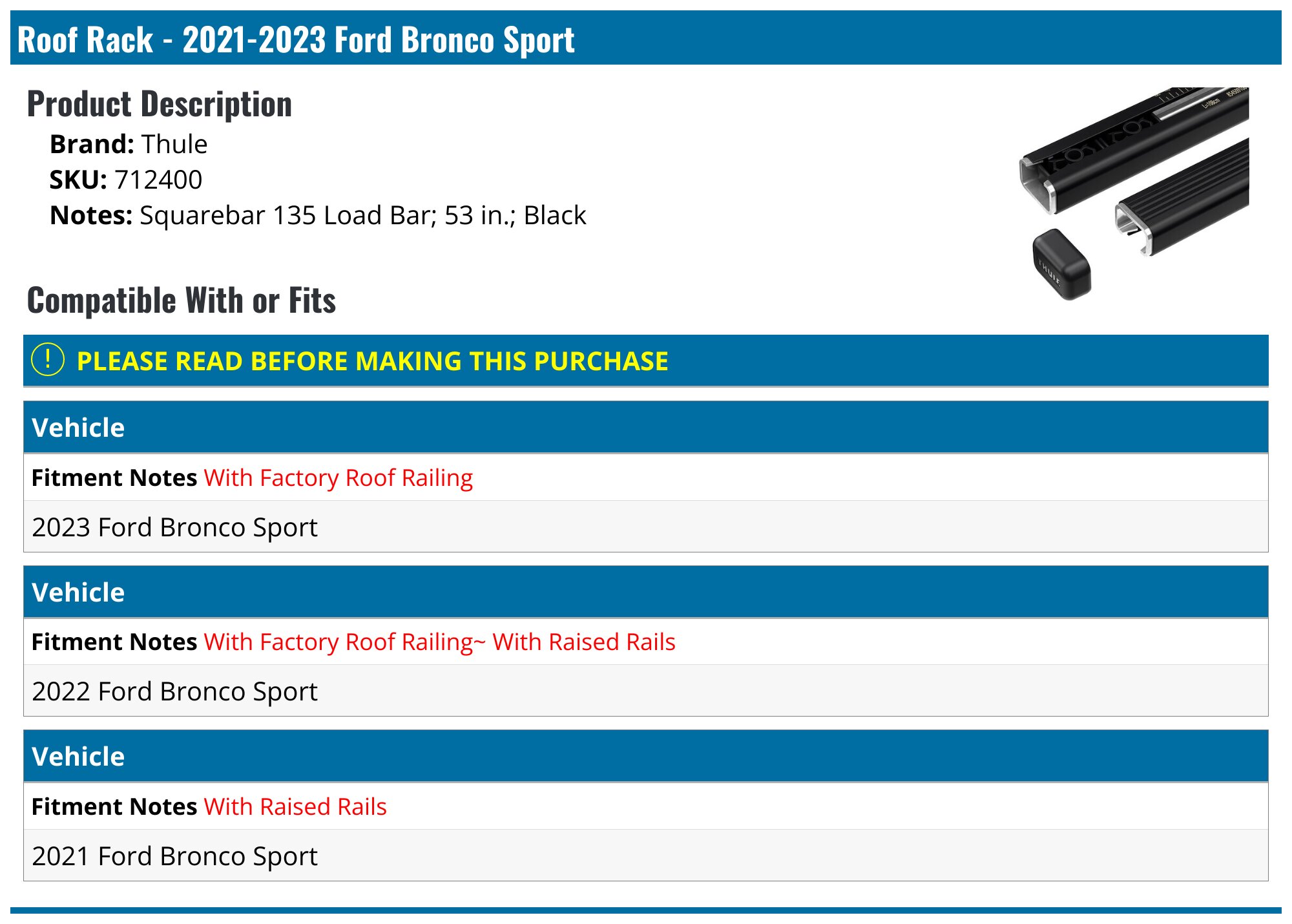 2021-2023 Ford Bronco Sport Roof Rack - Thule 712400 - PartsGeek.com