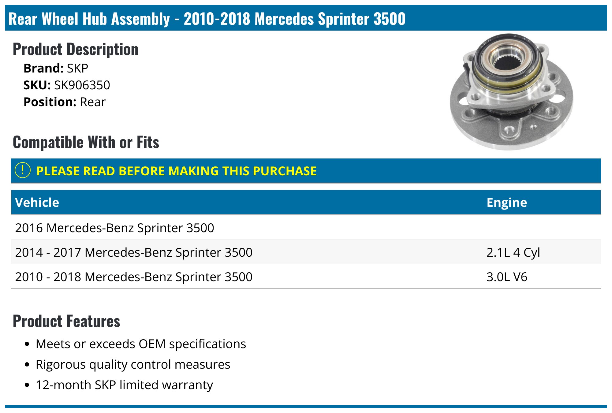 2010-2018 Mercedes Sprinter 3500 Wheel Hub Assembly - SKP SK906350 ...