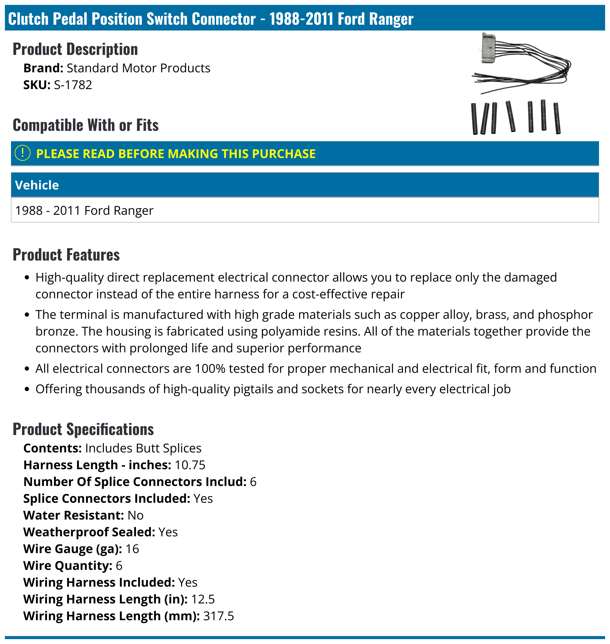 1988-2011 Ford Ranger Clutch Pedal Position Switch Connector - Standard ...