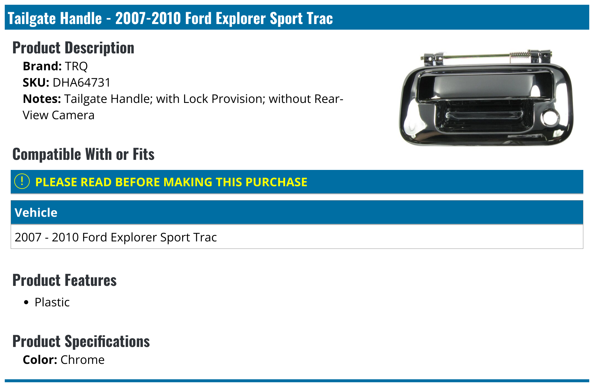 2007-2010 Ford Explorer Sport Trac Tailgate Handle - TRQ DHA64731 ...