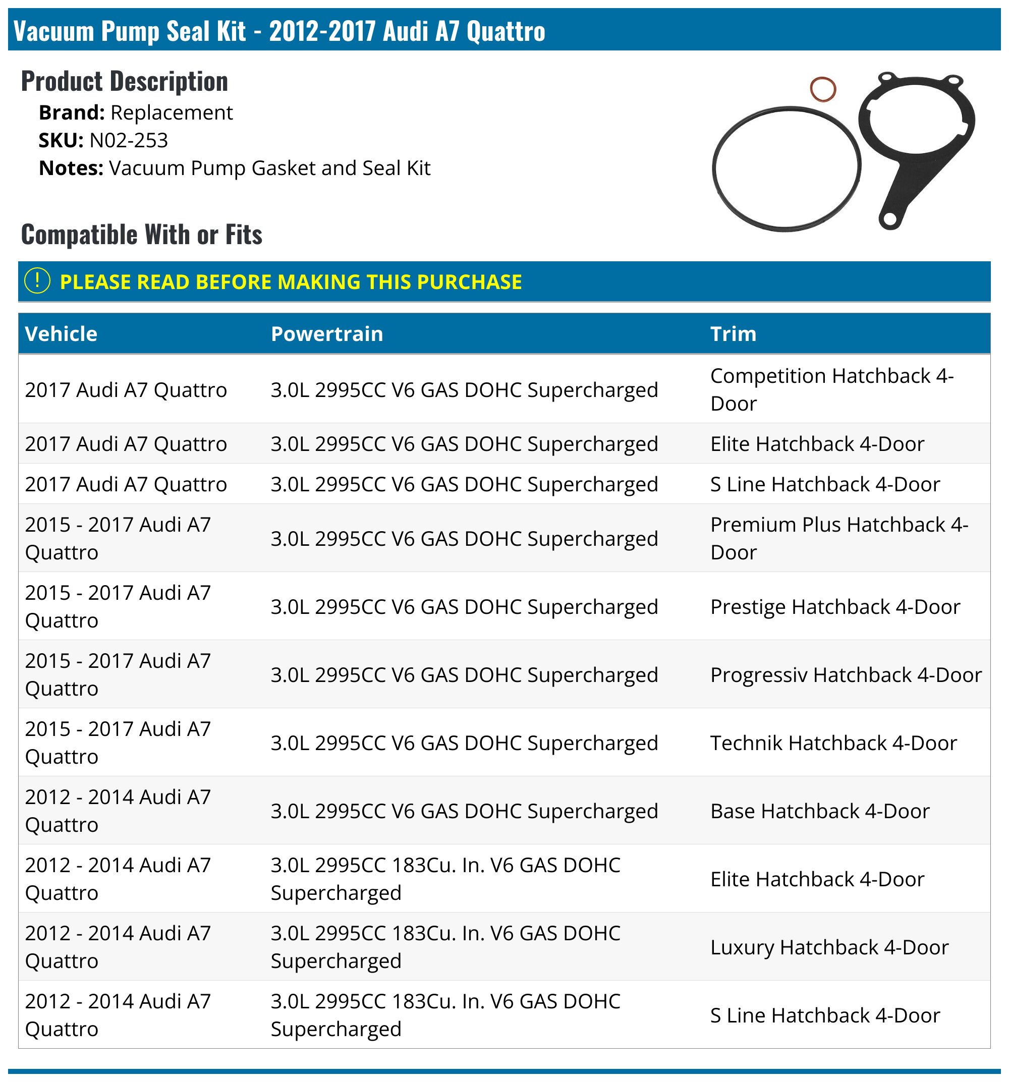 2012-2017 Audi A7 Quattro Vacuum Pump Seal - Replacement N02-253 ...