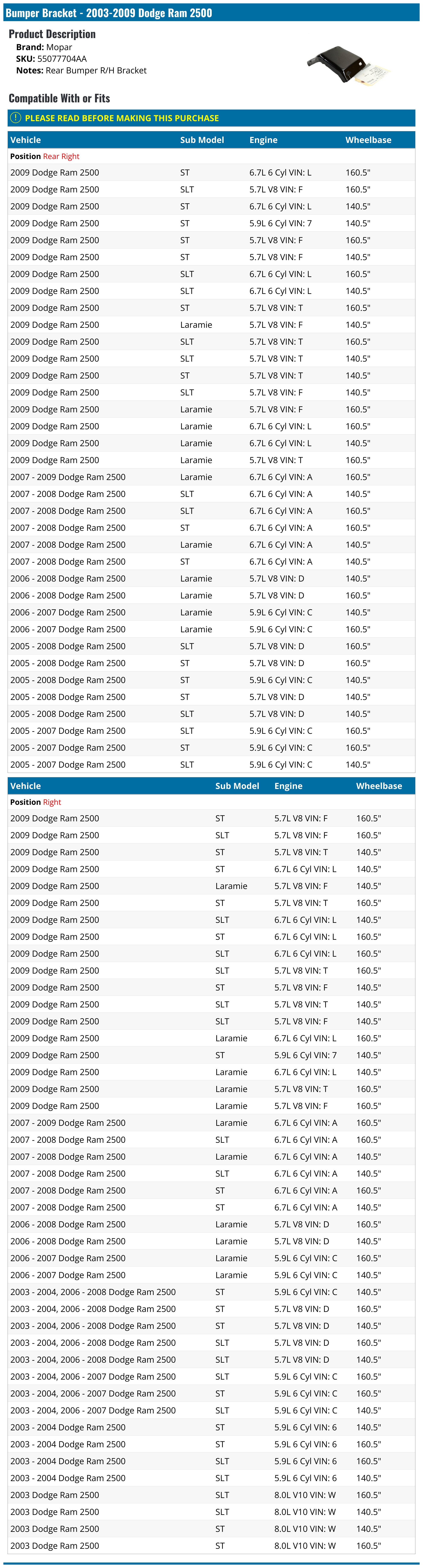 2003-2009 Dodge Ram 2500 Bumper Bracket - Mopar 55077704AA - Right ...