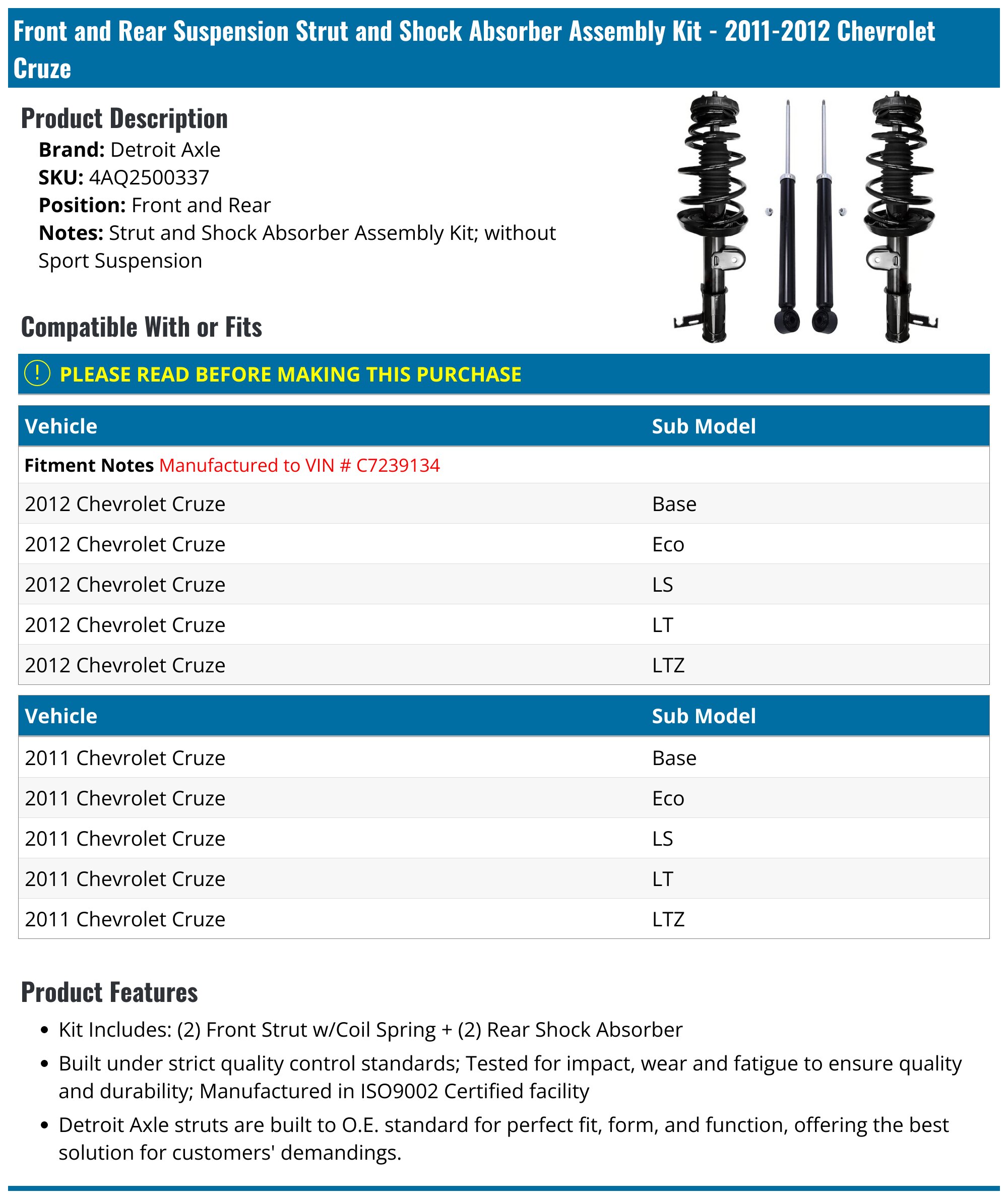 2011-2012 Chevrolet Cruze Strut Assembly - Detroit Axle 4AQ2500337 ...