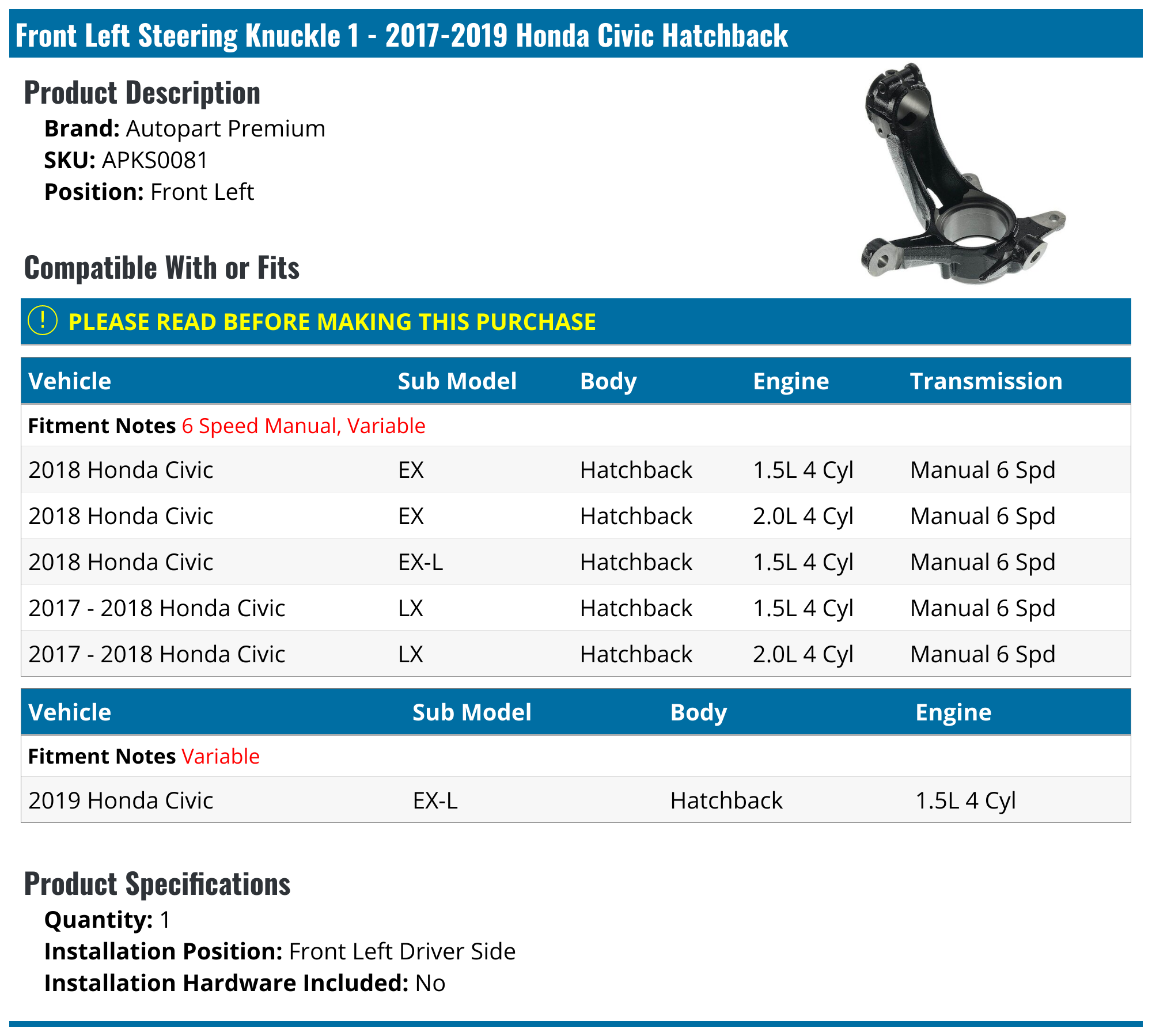 2017-2019 Honda Civic Steering Knuckle - Autopart Premium APKS0081 ...