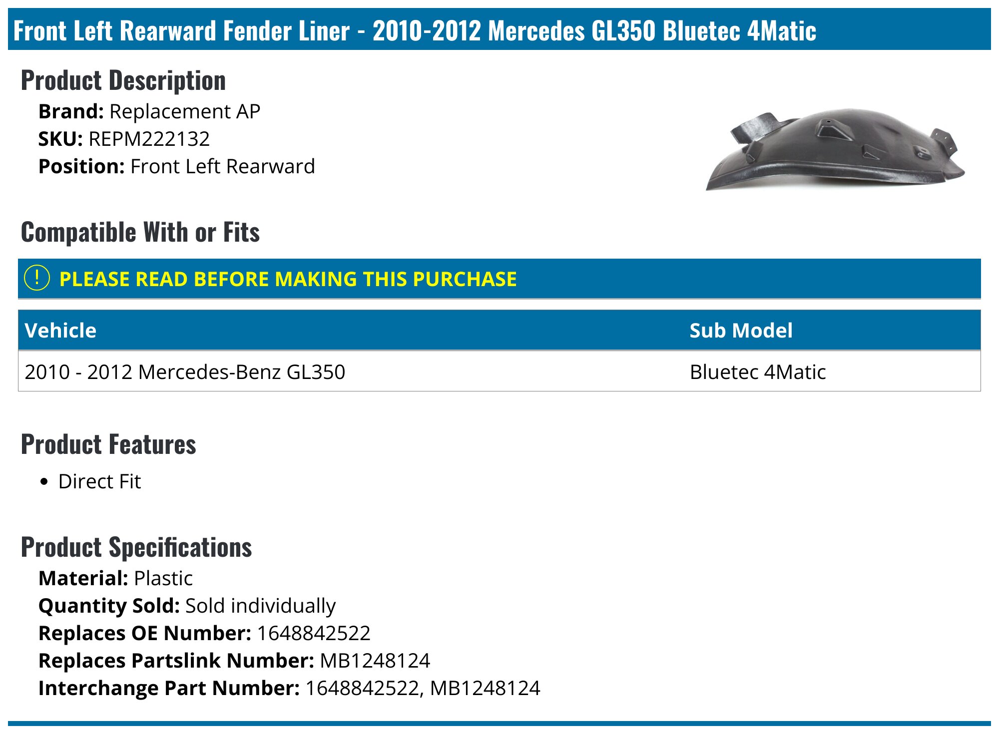 2010-2012 Mercedes GL350 Fender Liner - Replacement AP REPM222132 ...