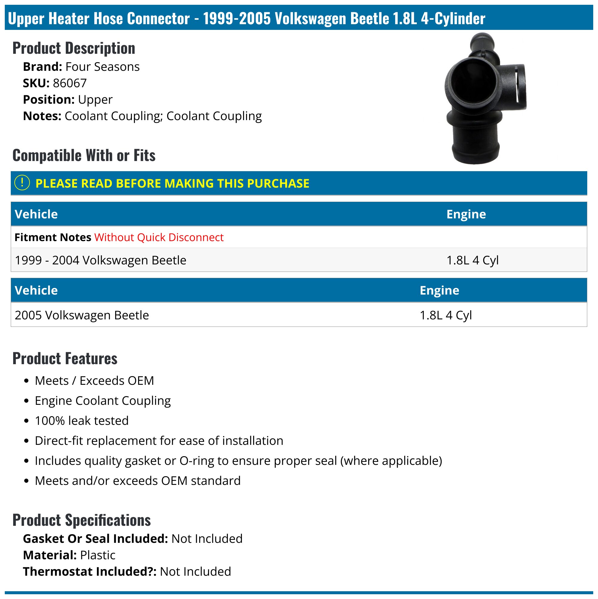 1999-2005 Volkswagen Beetle Heater Hose Connector - Four Seasons 86067 ...