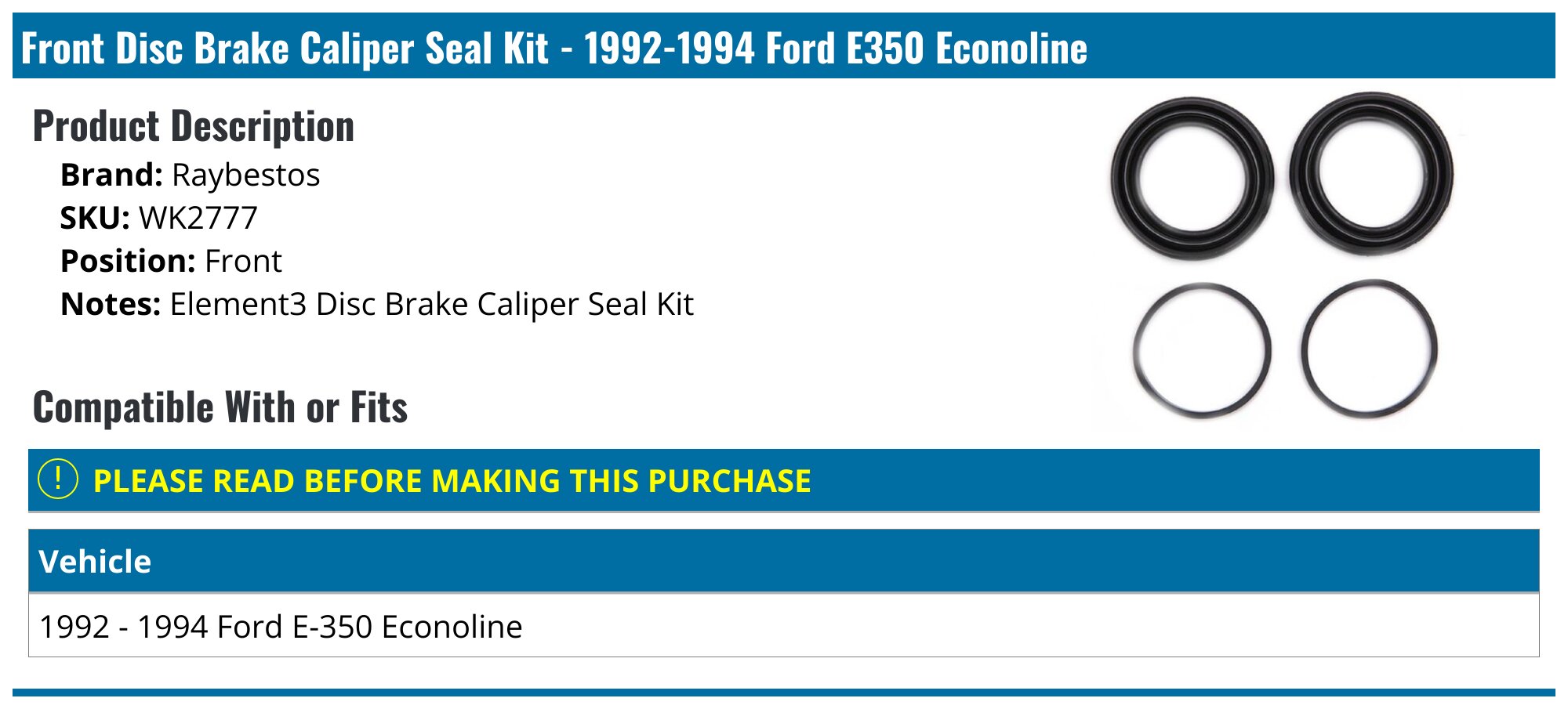 1992-1994 Ford E350 Econoline Disc Brake Caliper Seal Kit - Raybestos ...