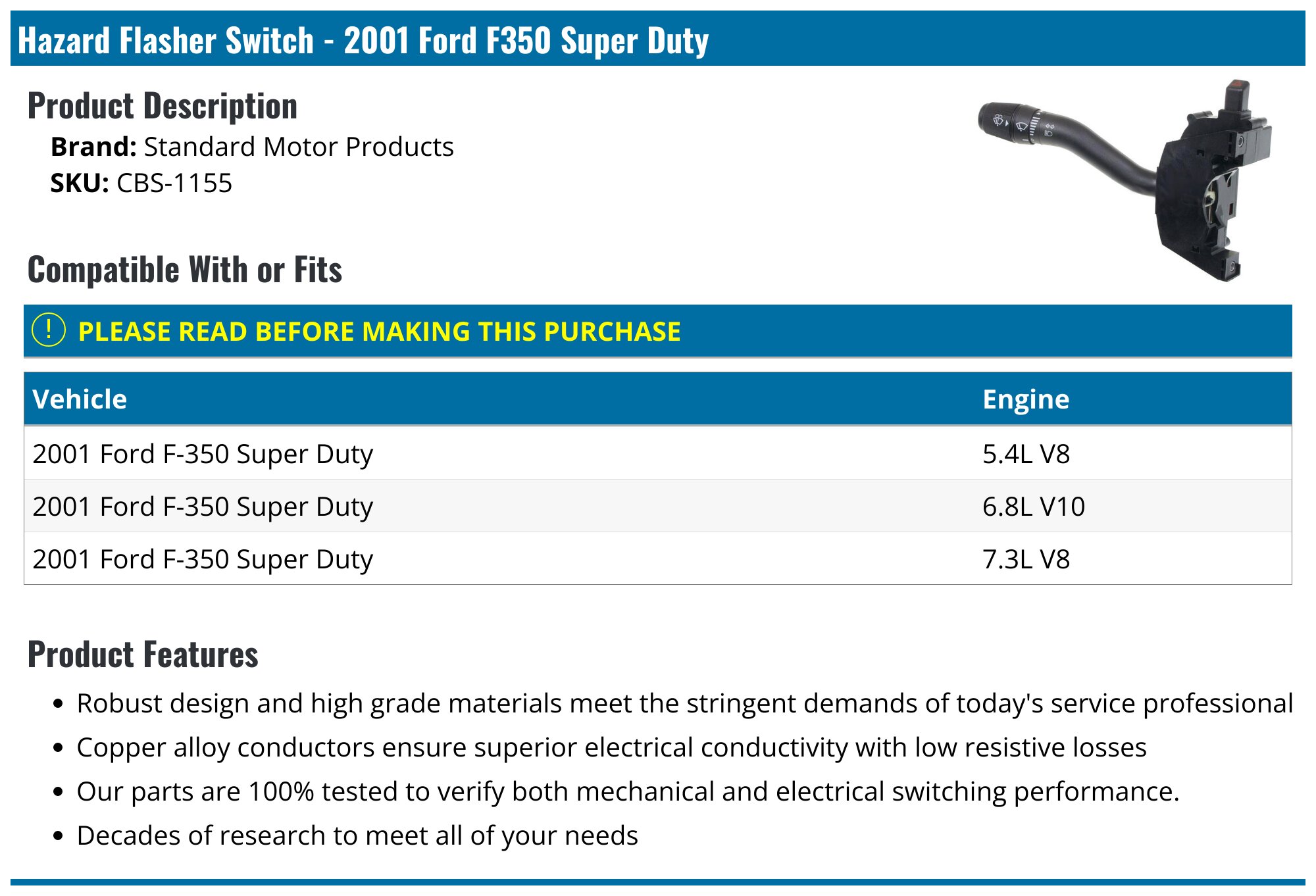 2001 Ford F350 Super Duty Hazard Flasher Switch - Standard Motor ...