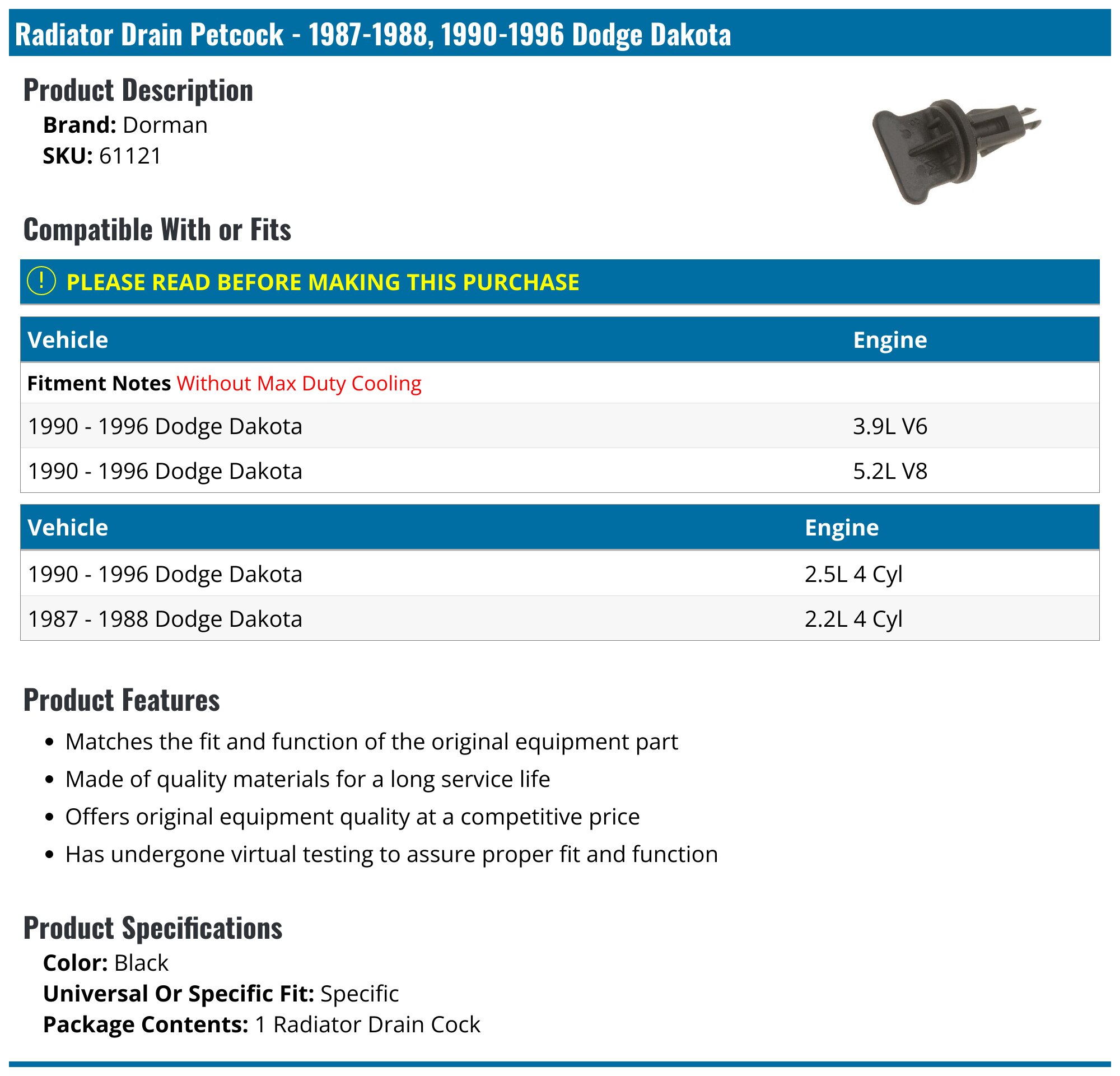 1987-1988, 1990-1996 Dodge Dakota Radiator Drain Petcock - Dorman 61121 ...